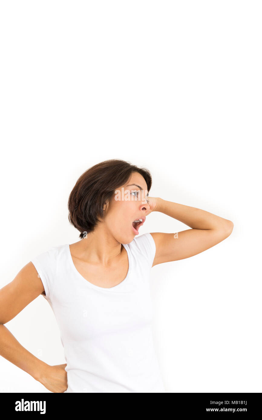 Portrait of Tired Young Woman Over White Background Stock Photo - Alamy