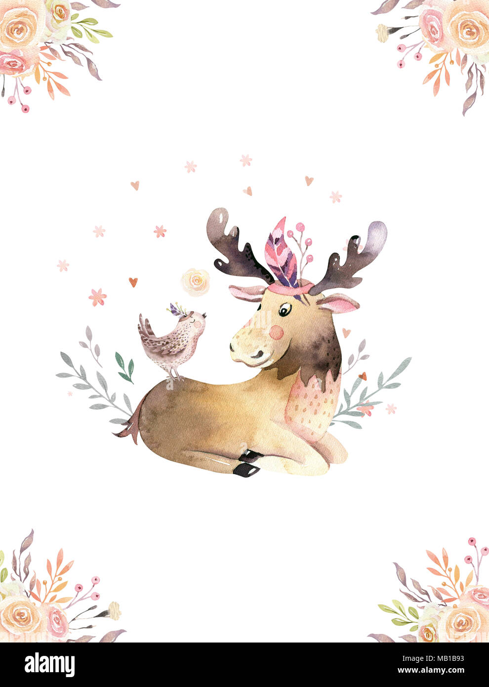 Cute watercolor bohemian baby moose animal poster for nursary, alphabet ...