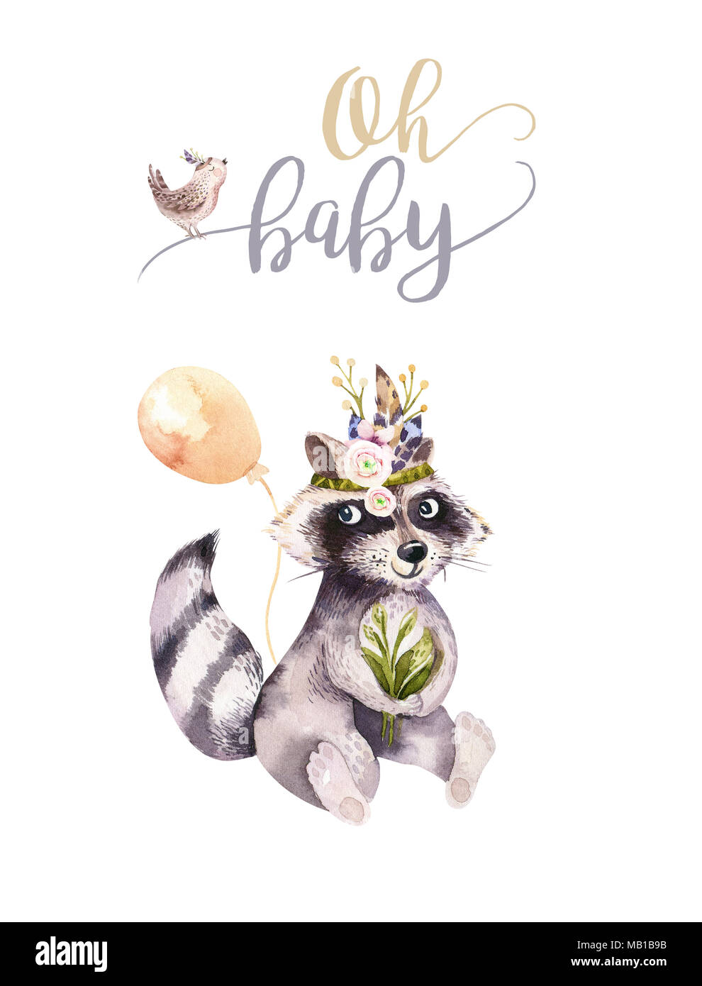 Cute watercolor bohemian baby raccoon animal poster for nursary with ...