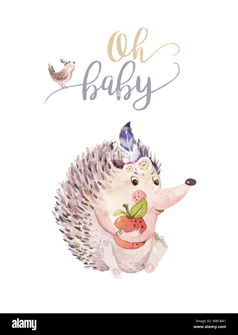 Cute watercolor bohemian baby hedgehog animal poster for nursary with ...