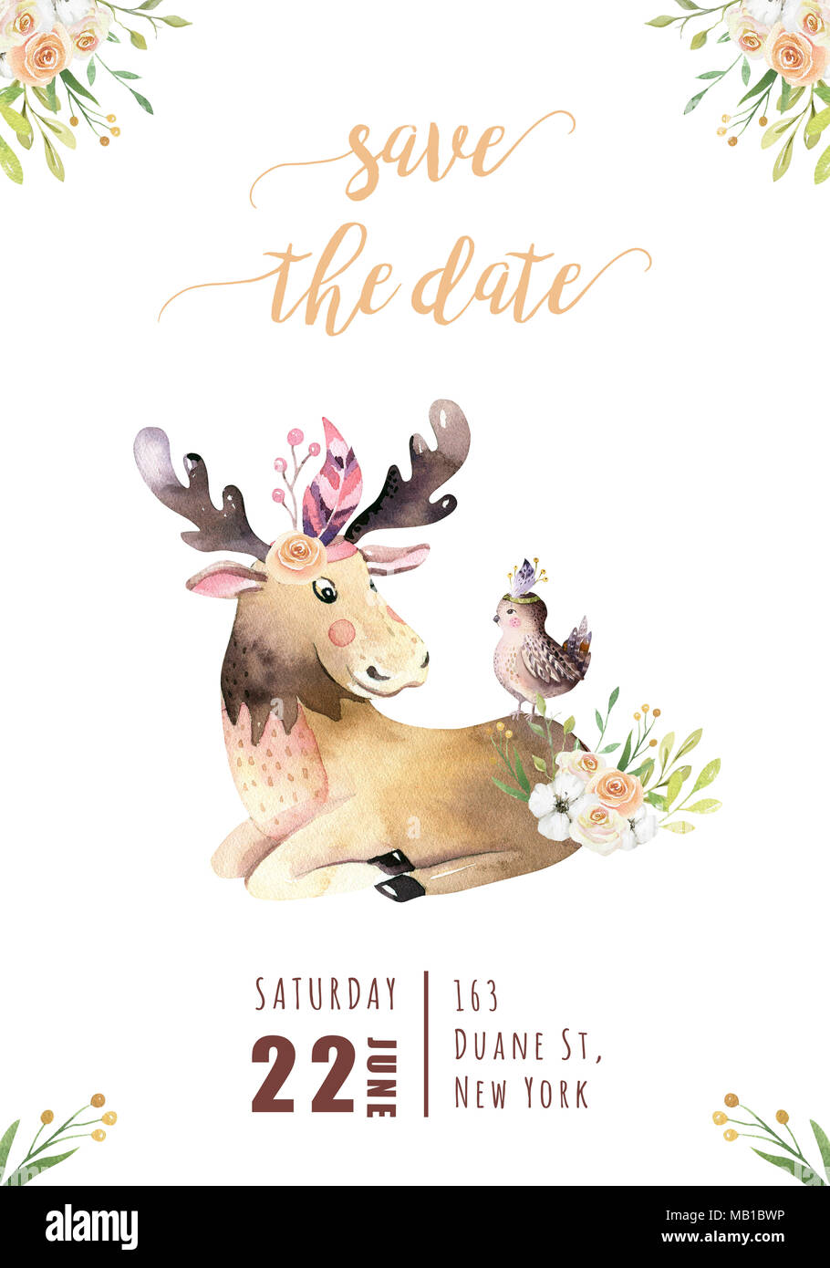 Cute watercolor bohemian baby moose animal poster for nursary, alphabet ...