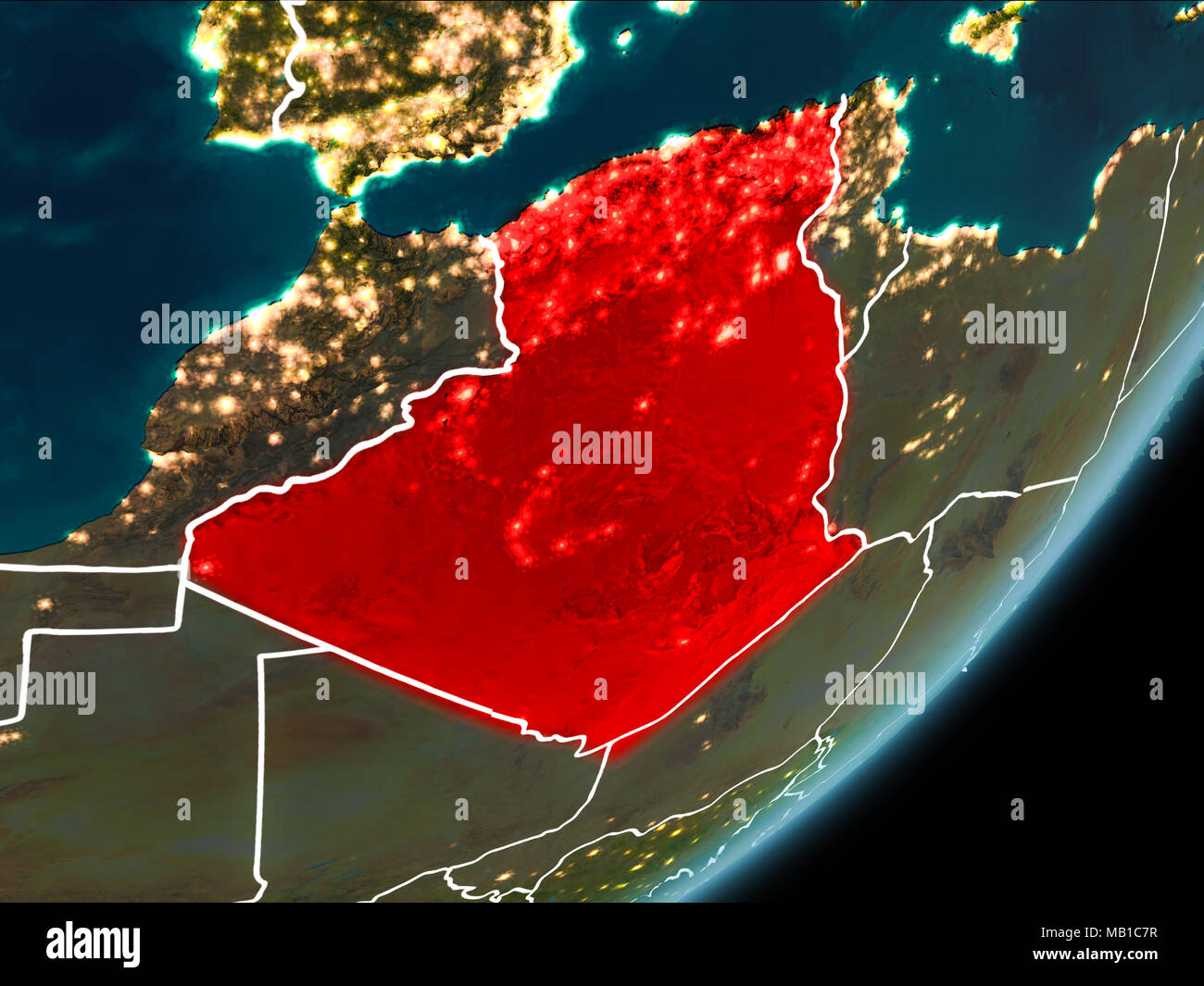 Algeria as seen from Earth’s orbit on planet Earth at night highlighted ...