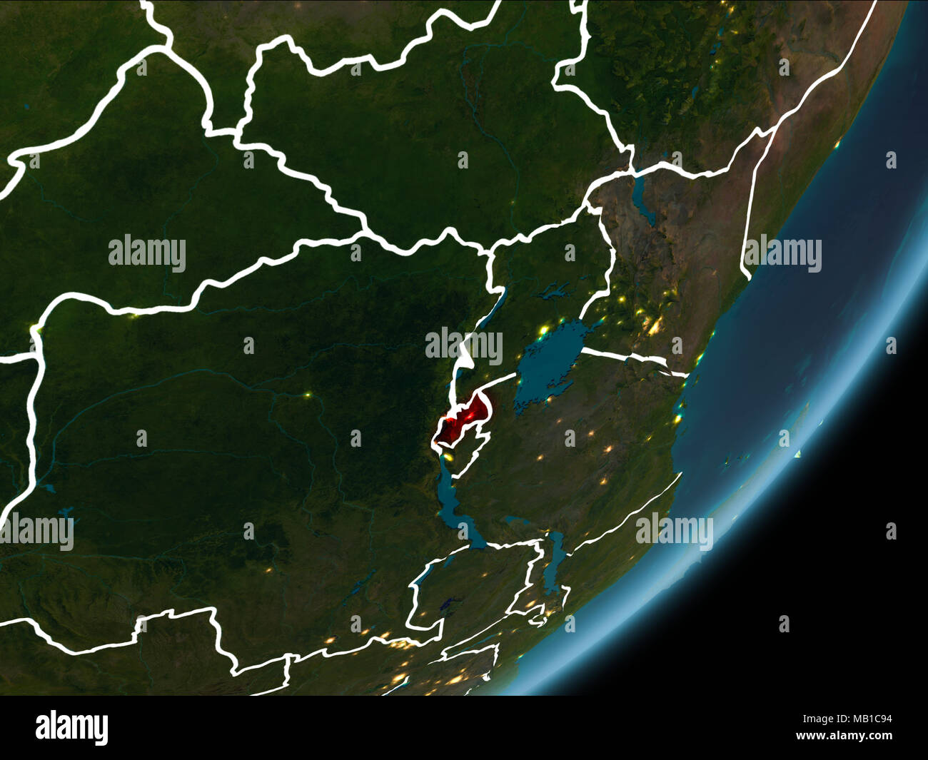 Rwanda as seen from Earth’s orbit on planet Earth at night highlighted ...