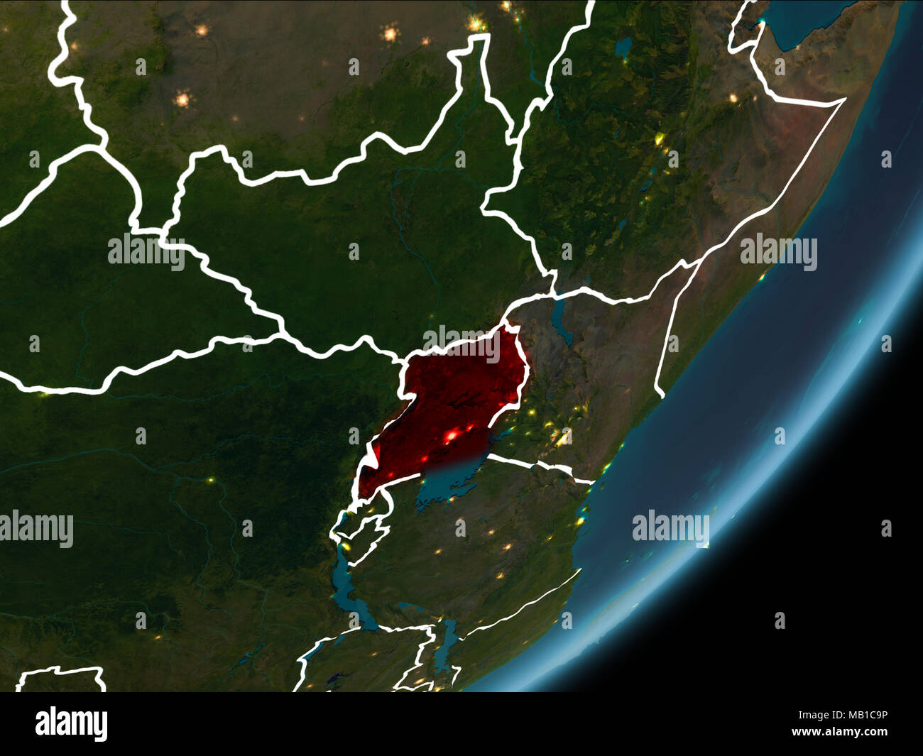 Uganda as seen from Earth’s orbit on planet Earth at night highlighted ...