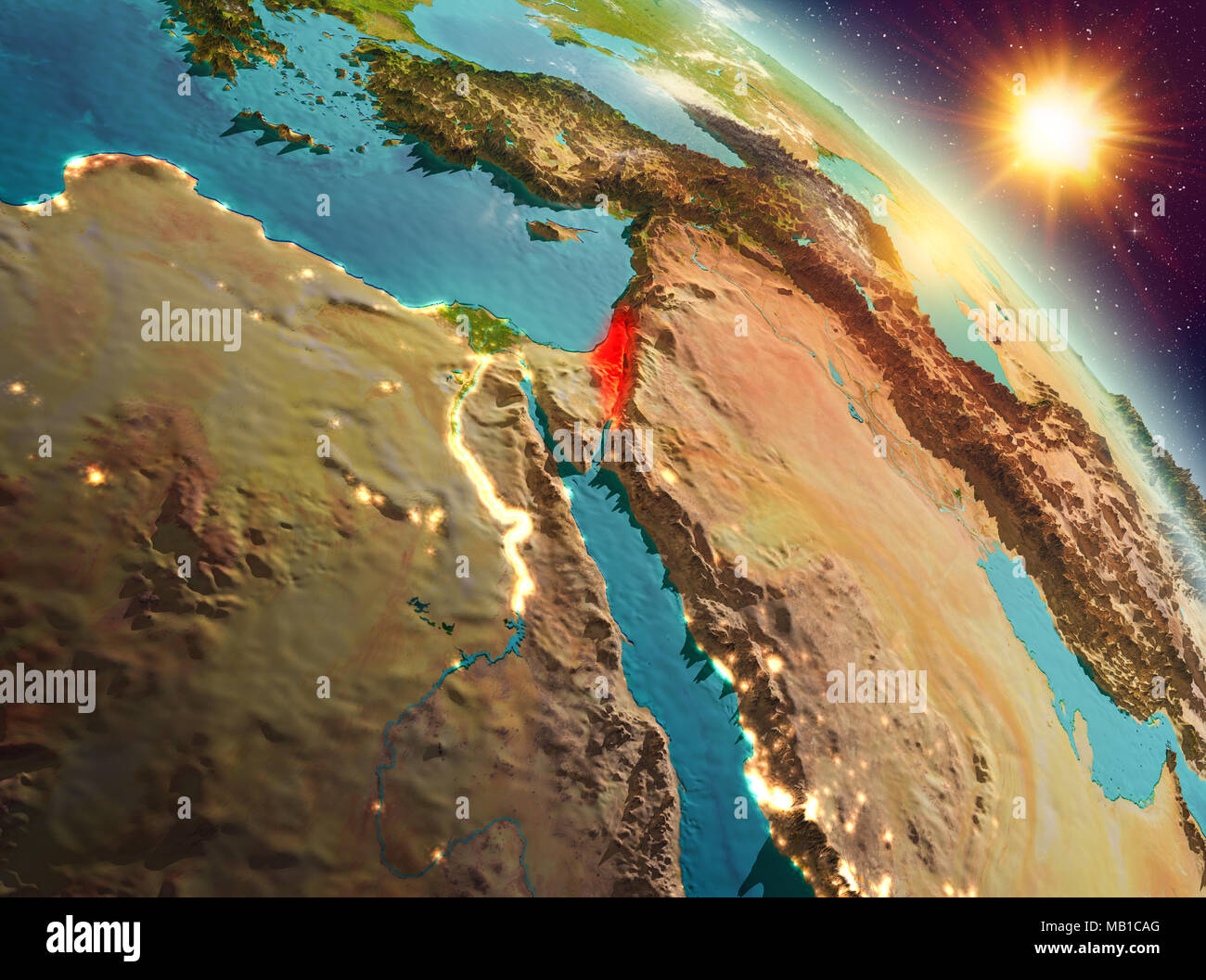 Sunrise above Israel highlighted in red on model of planet Earth in ...