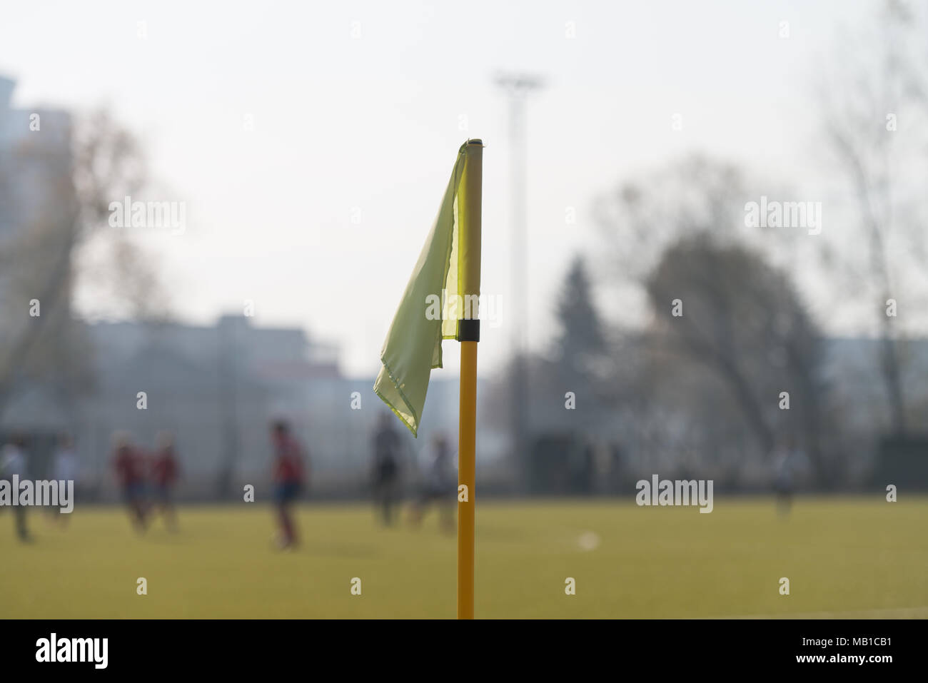 Yellow Flag in Corner of Football Playground - Lazy Wind Blowing Stock ...