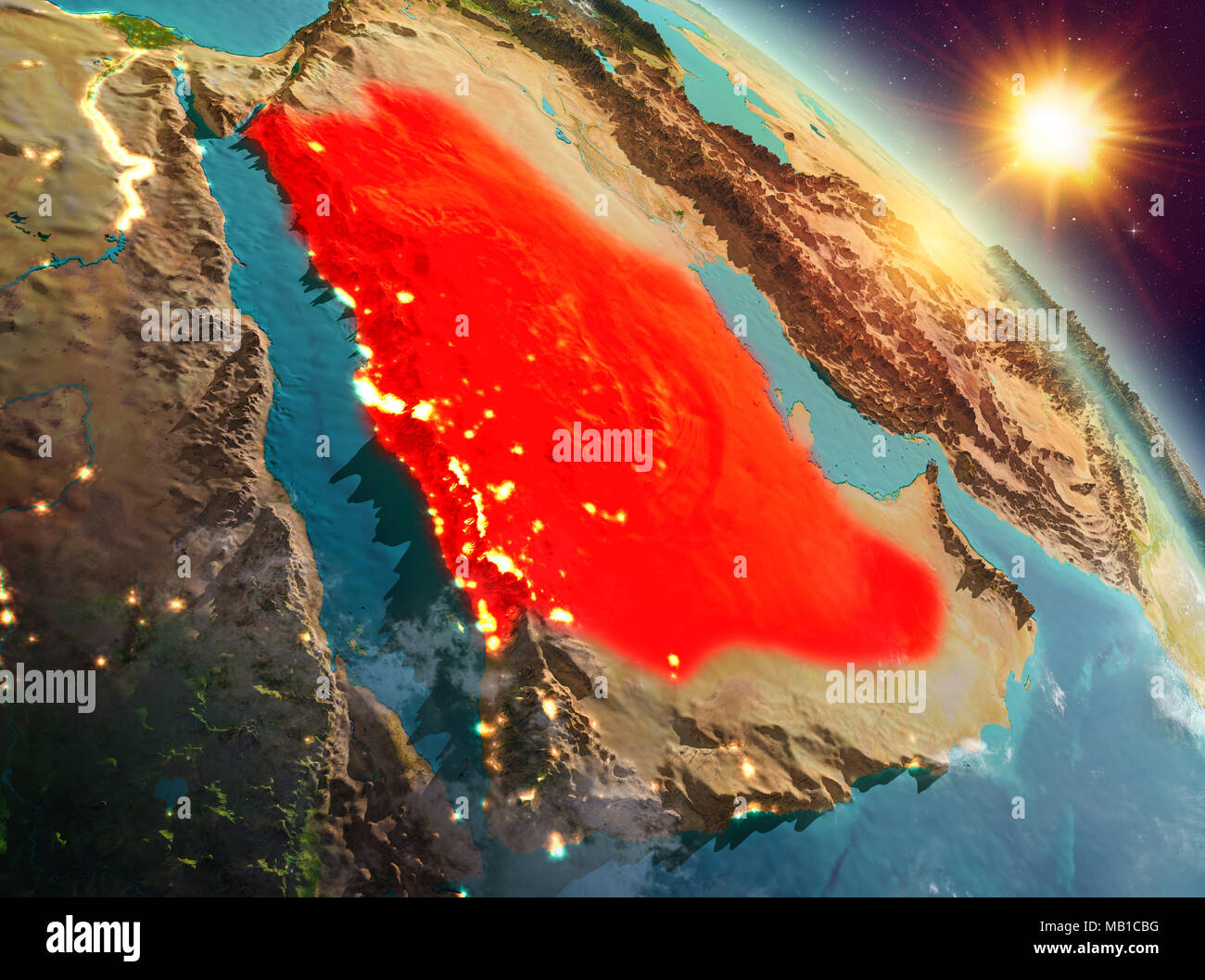 Sunrise above Saudi Arabia highlighted in red on model of planet Earth ...