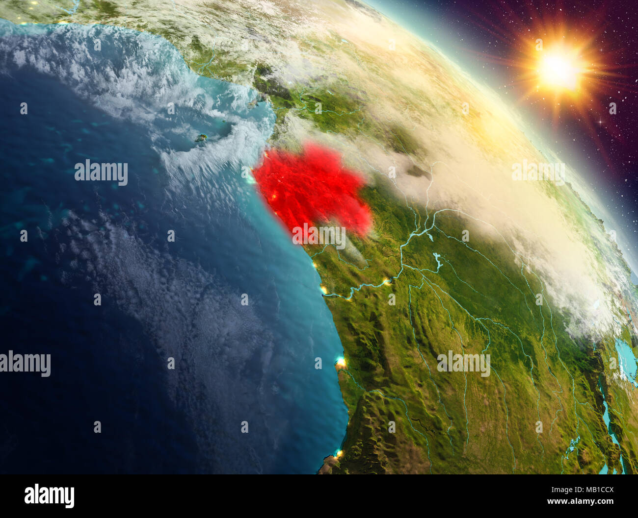 Sunrise above Gabon highlighted in red on model of planet Earth in space. 3D illustration ...