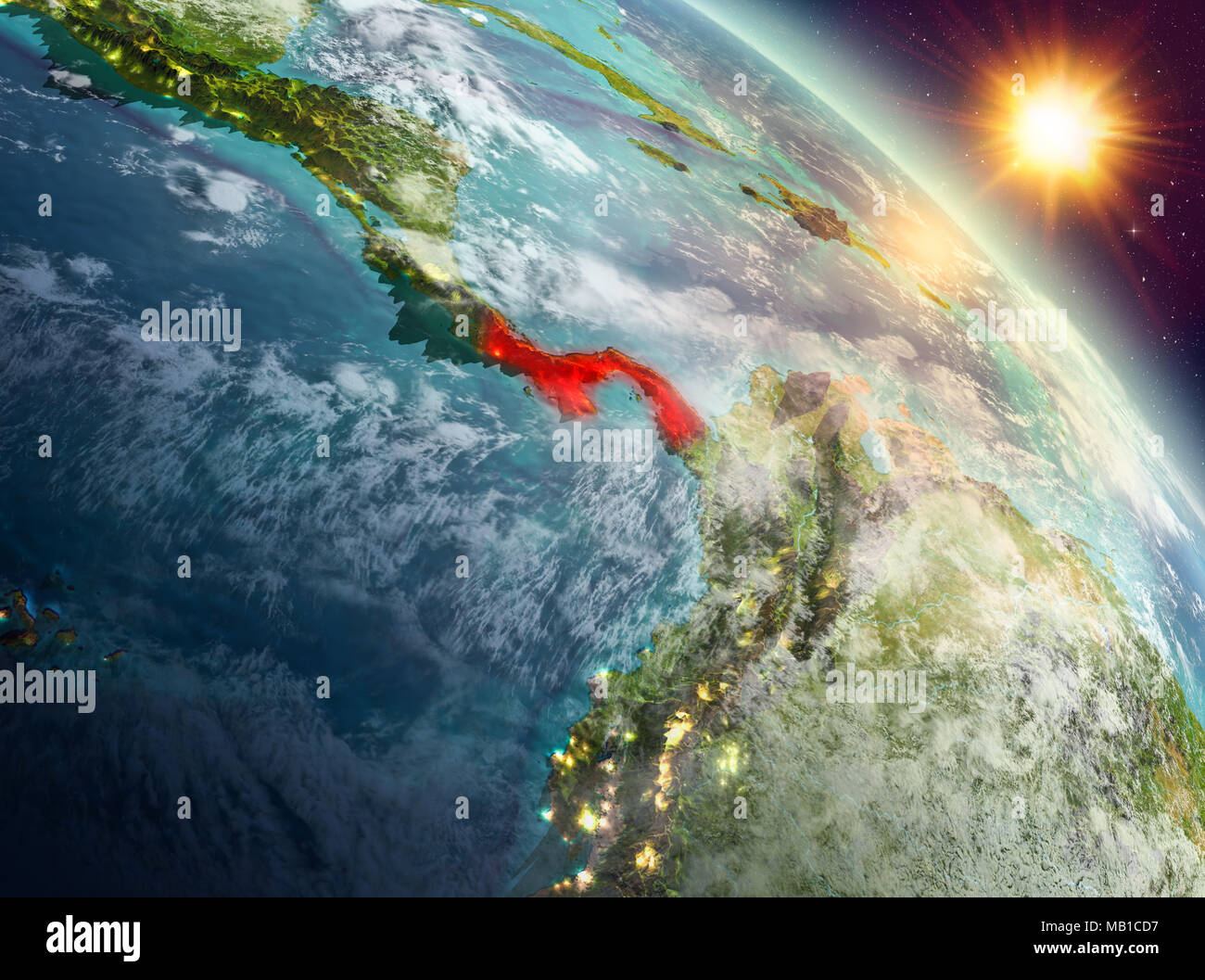 Sunrise above Panama highlighted in red on model of planet Earth in space. 3D illustration ...