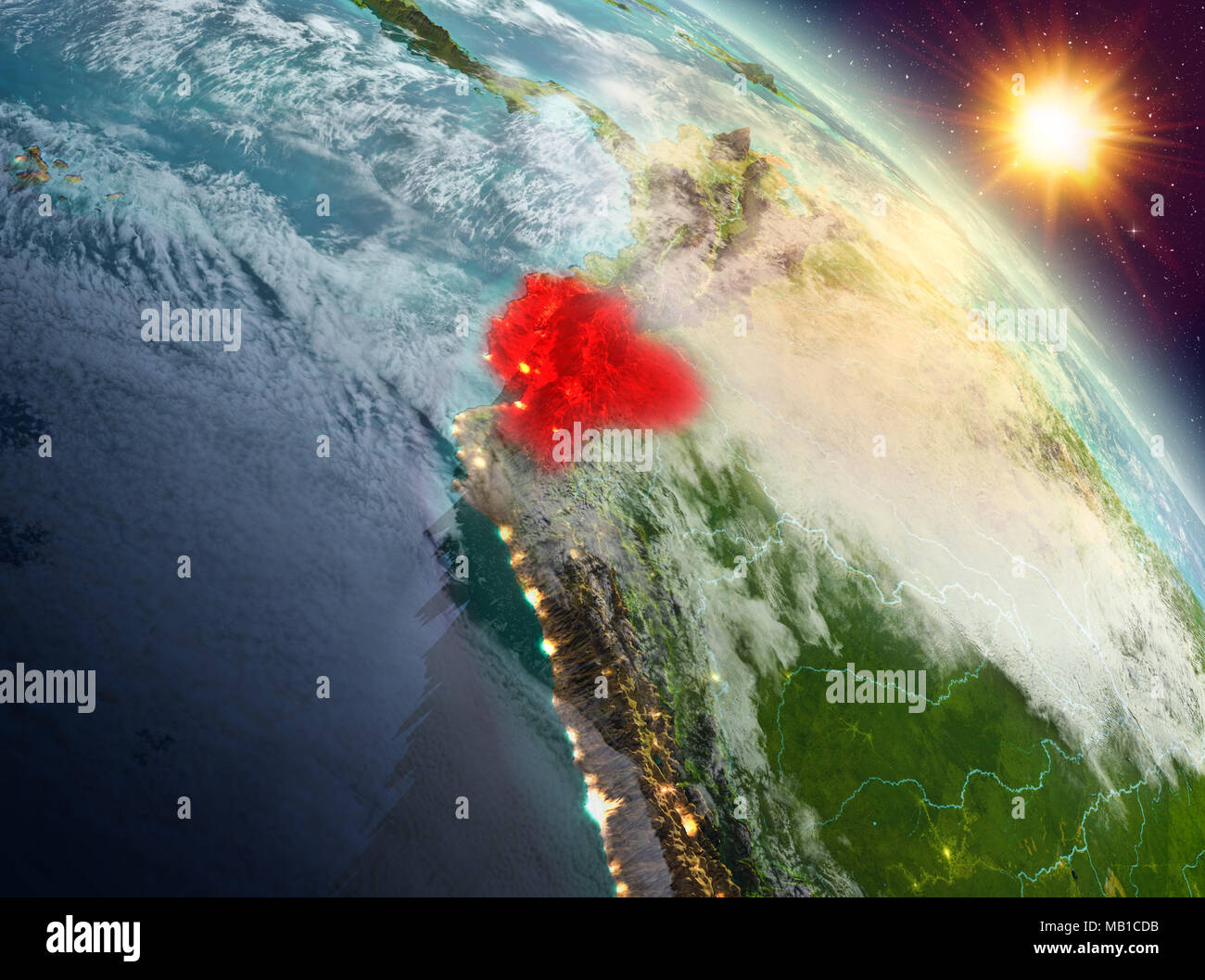 Sunrise above Ecuador highlighted in red on model of planet Earth in ...