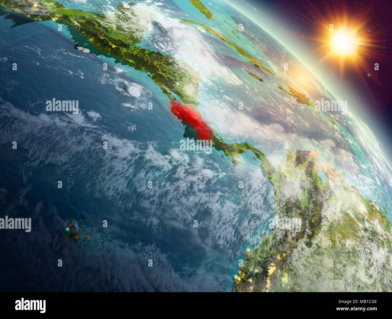 Sunrise above Costa Rica highlighted in red on model of planet Earth in space. 3D illustration ...