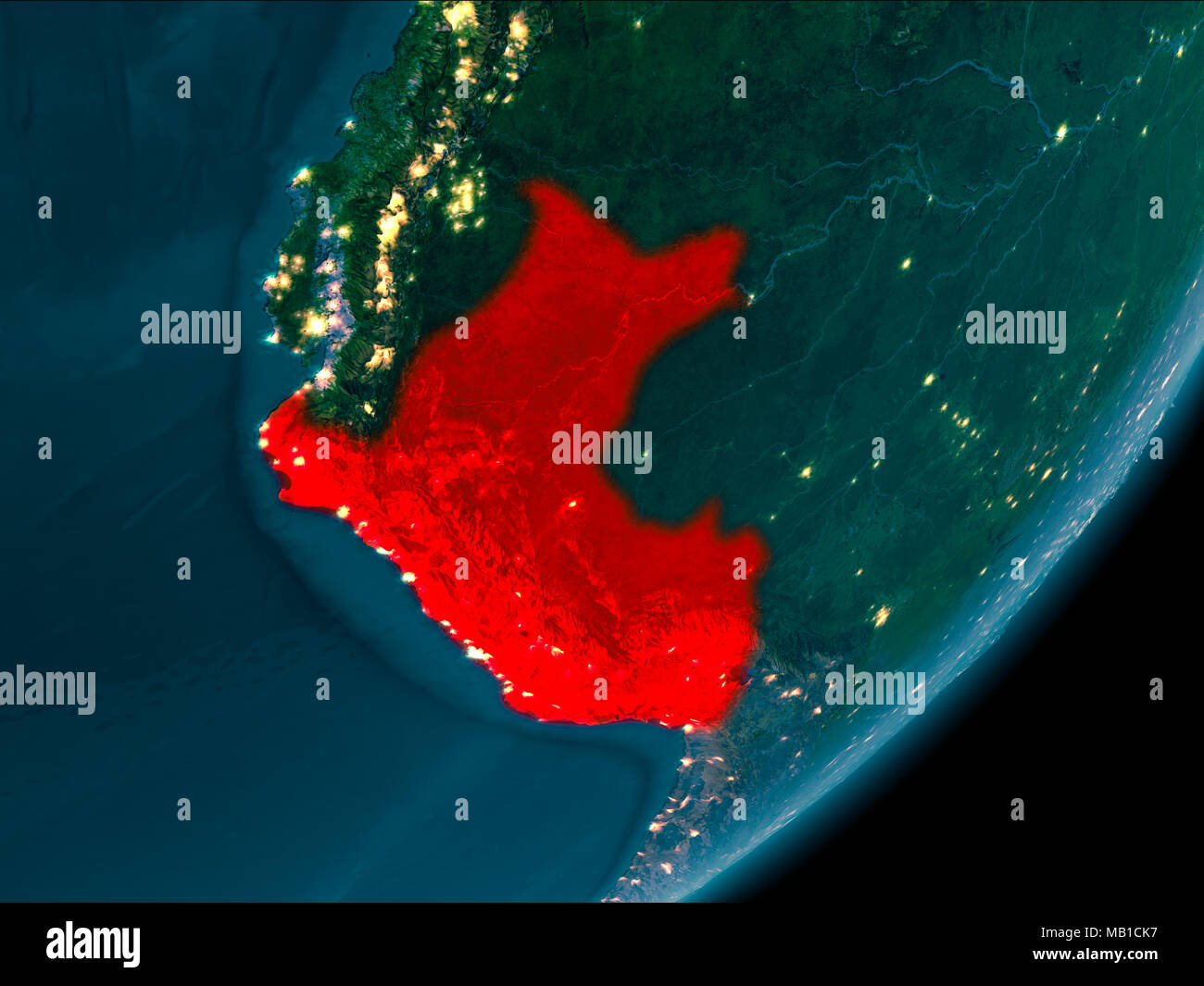 Night view of Peru highlighted in red on planet Earth with atmosphere ...