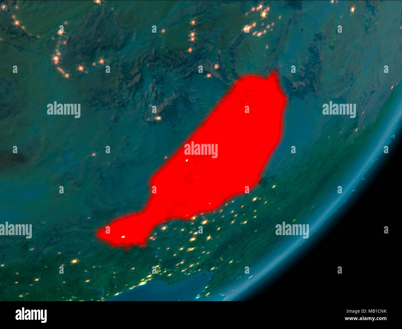 Night view of Niger highlighted in red on planet Earth with atmosphere ...