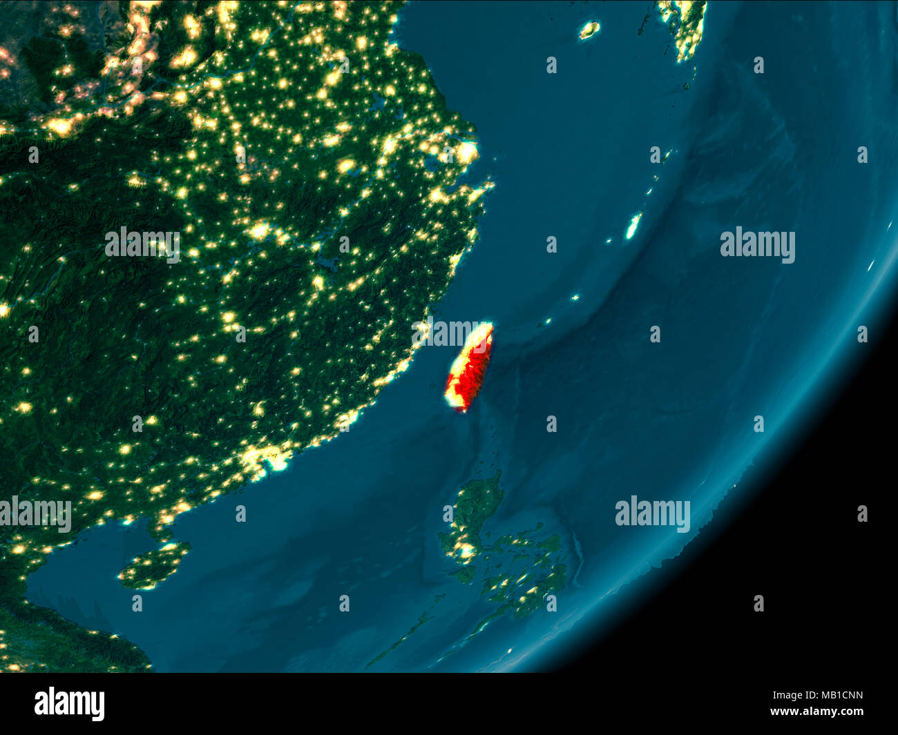 Night view of Taiwan highlighted in red on planet Earth with atmosphere ...