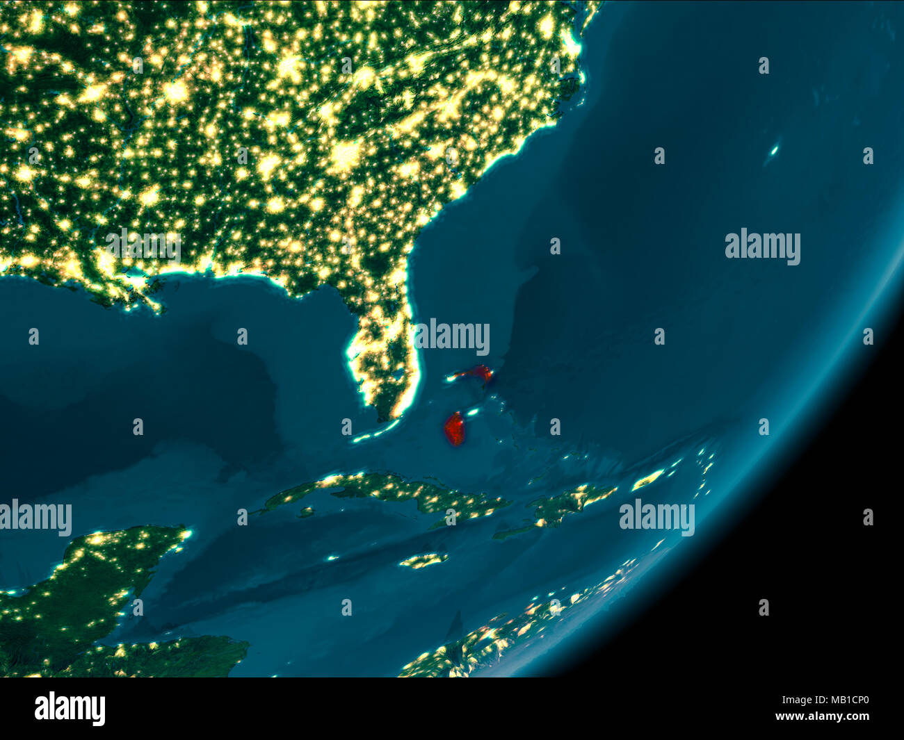 Night view of Bahamas highlighted in red on planet Earth with ...