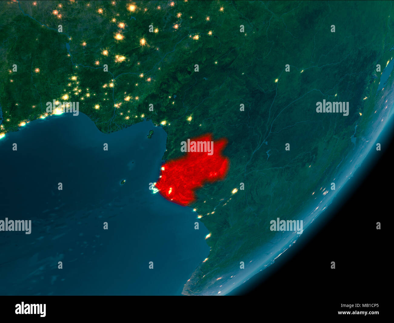 Night view of Gabon highlighted in red on planet Earth with atmosphere ...