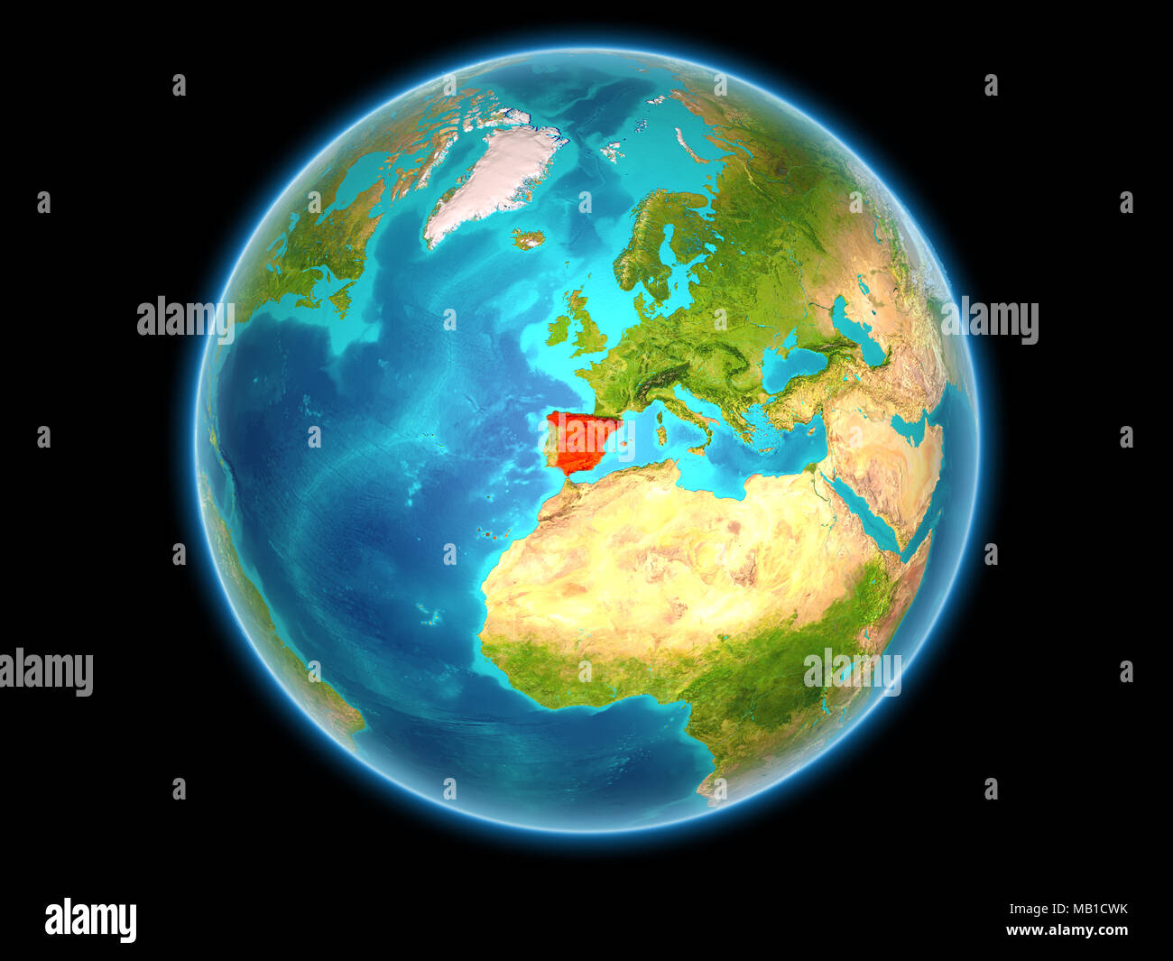 Spain in red on planet Earth as seen from space on full sphere. 3D ...