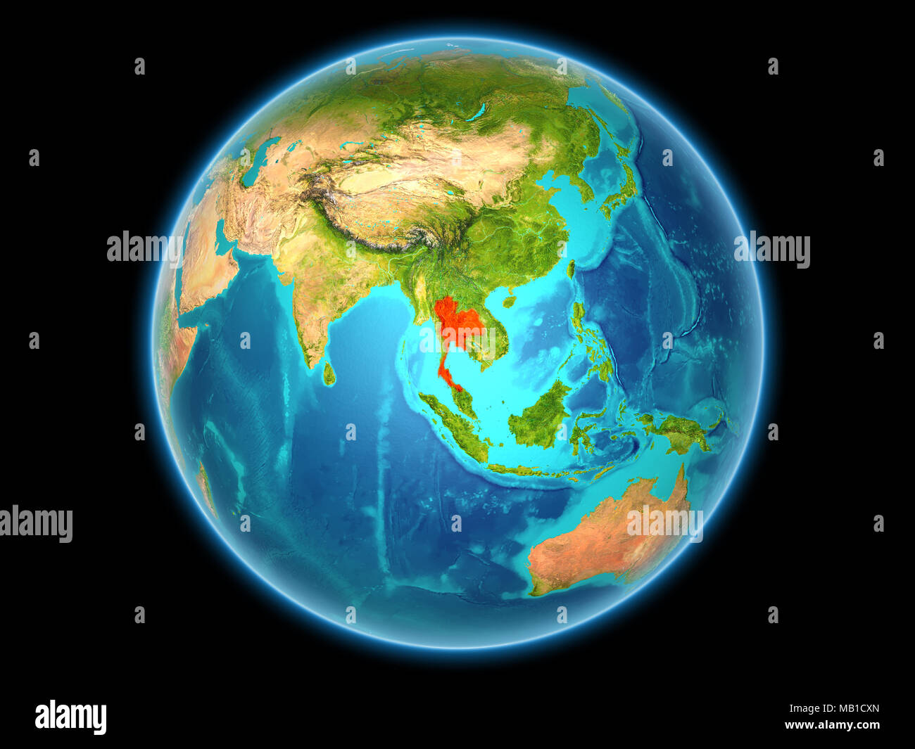 Thailand in red on planet Earth as seen from space on full sphere. 3D ...