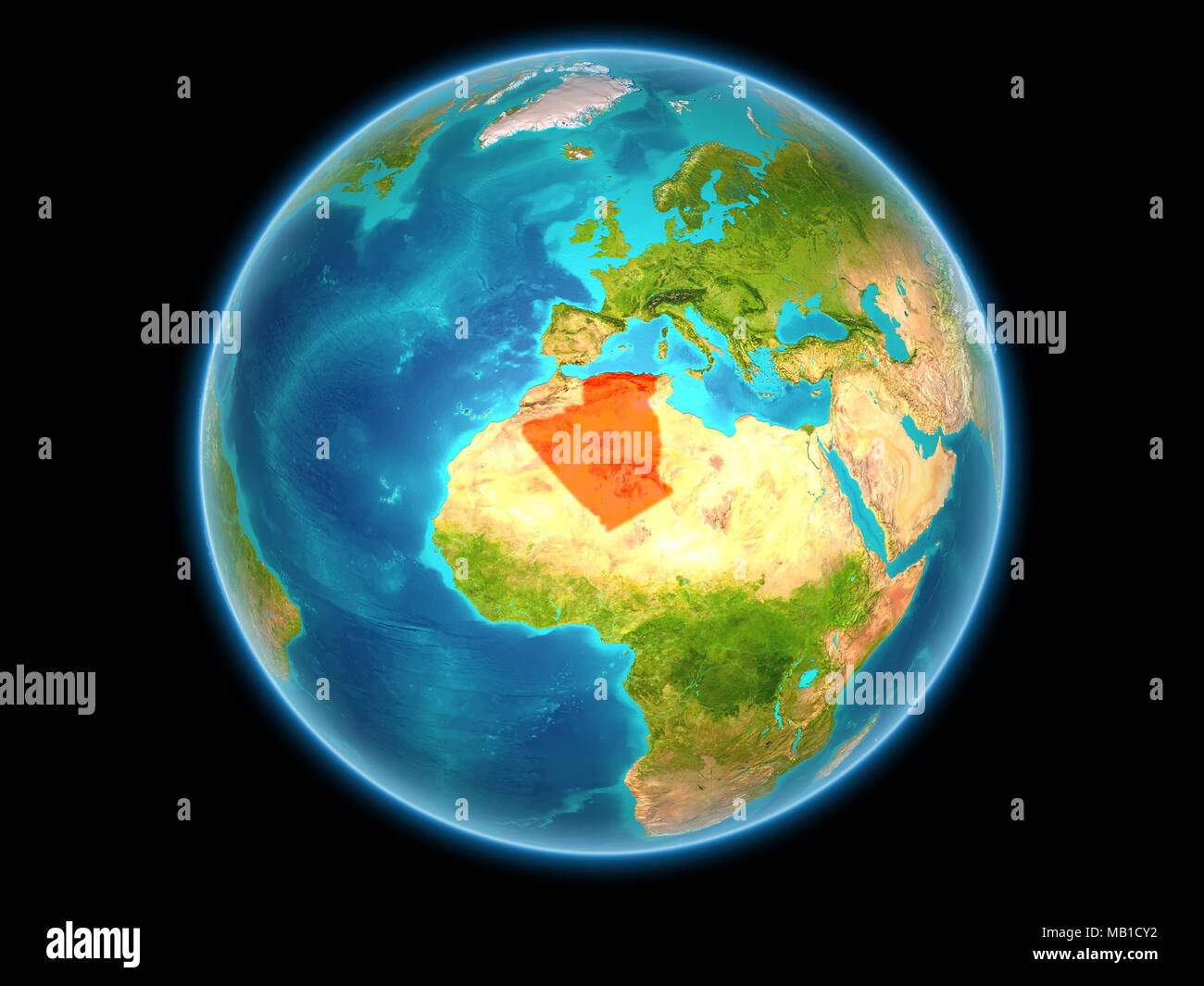 Algeria in red on planet Earth as seen from space on full sphere. 3D ...