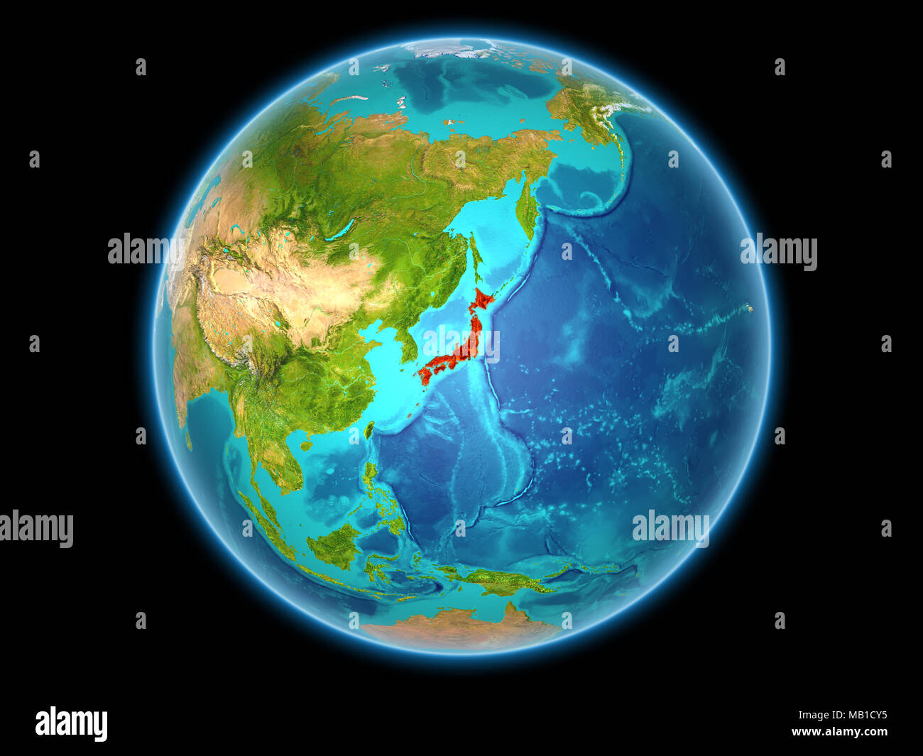 Japan in red on planet Earth as seen from space on full sphere. 3D ...