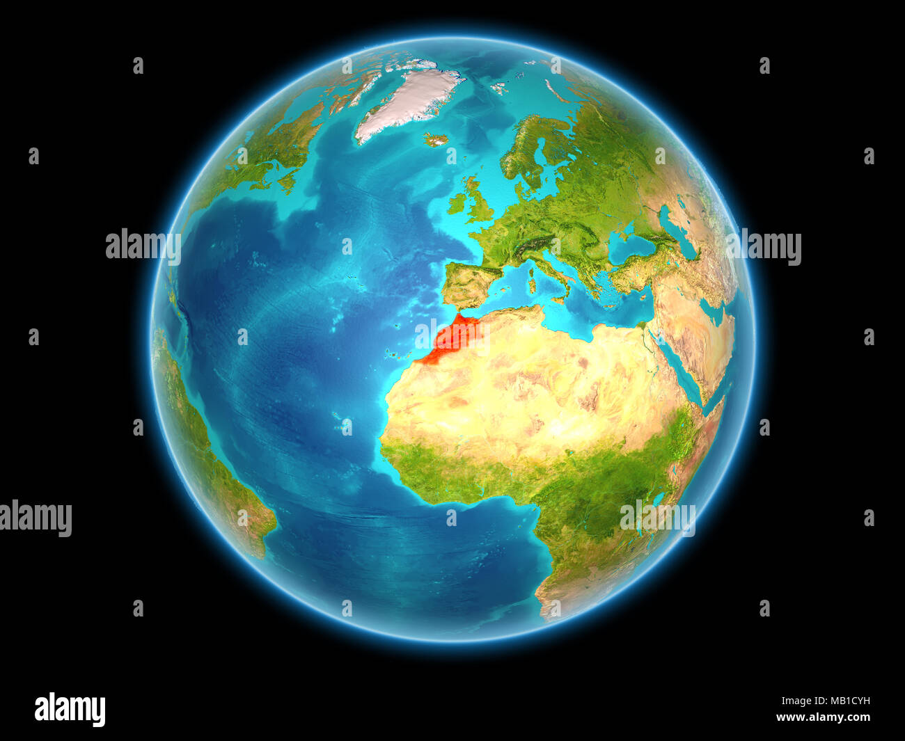 Morocco in red on planet Earth as seen from space on full sphere. 3D ...