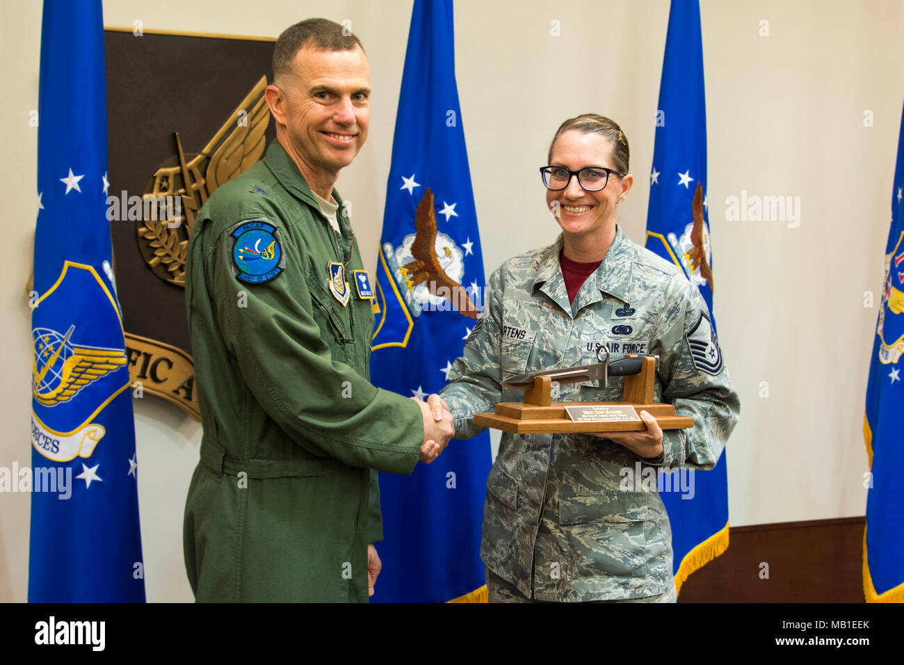 Master Sgt. Erin Martens is presented with the 2017 Senior Non ...