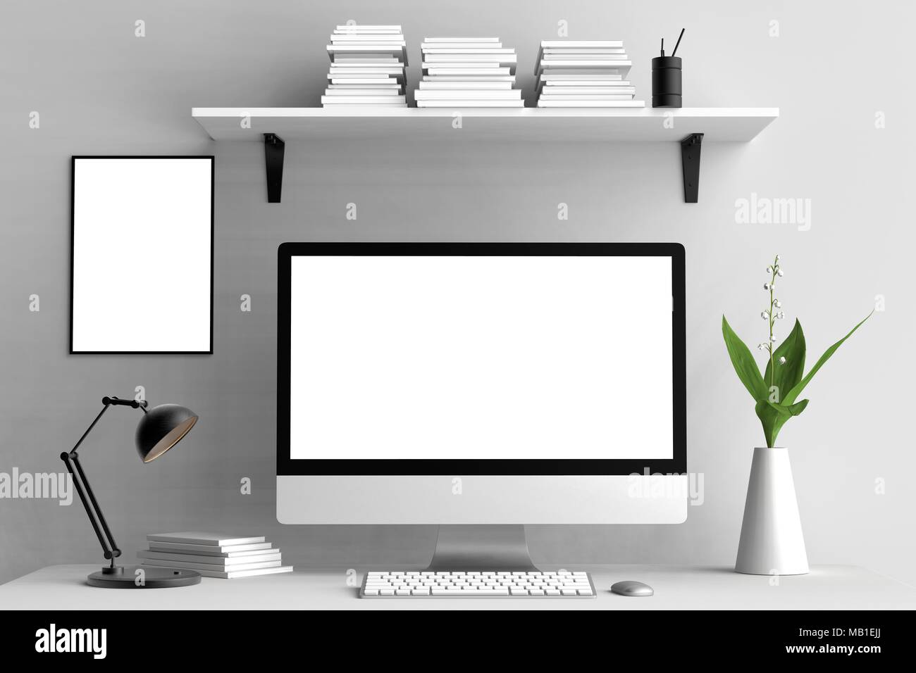 Modern workspace, isolated computer screen and frame mock up. 3D ...