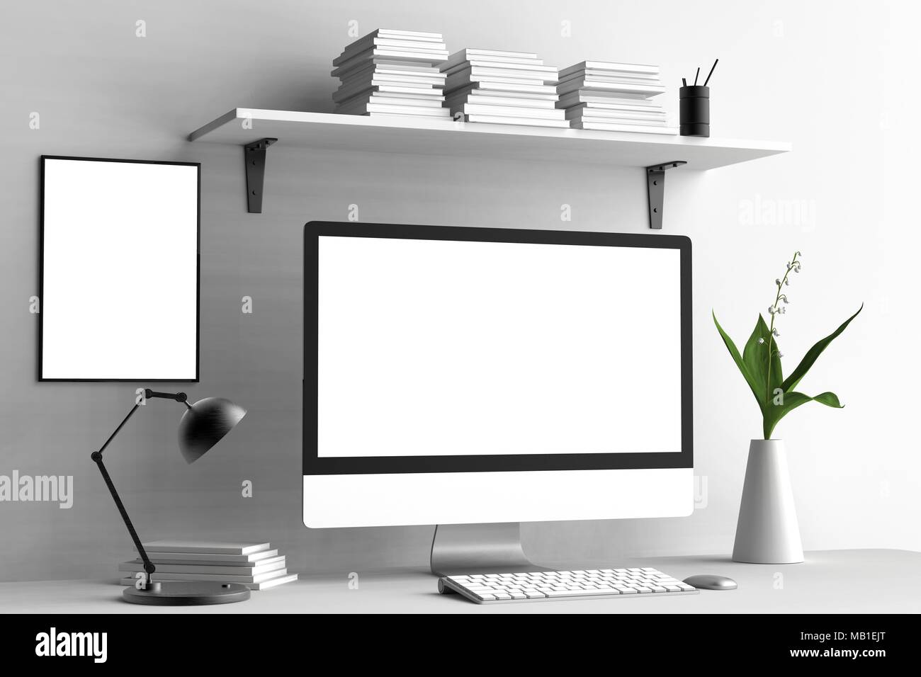 Modern workspace, isolated computer screen and frame mock up. 3D ...