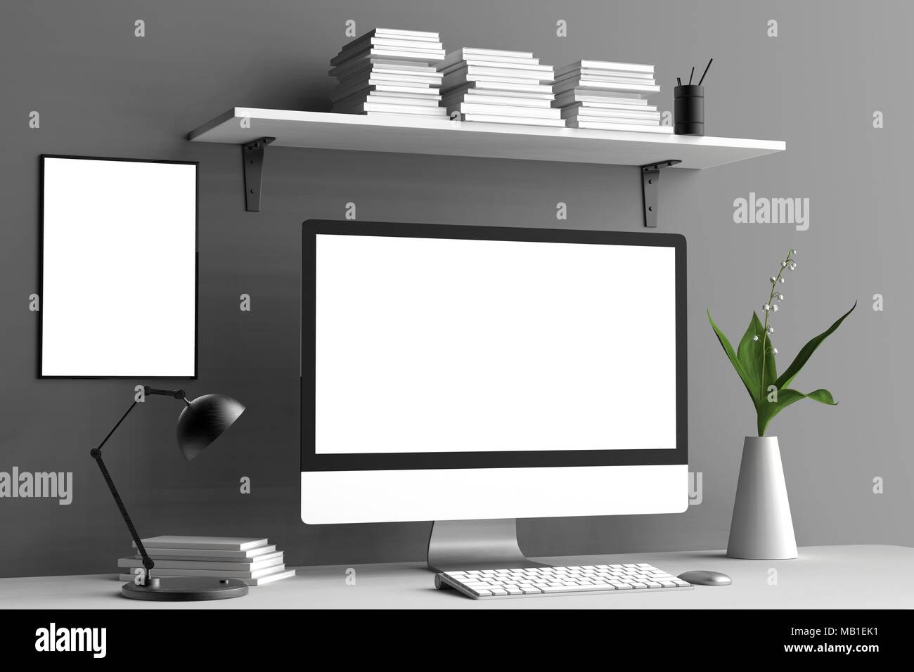 Modern workspace, isolated computer screen and frame mock up. 3D ...