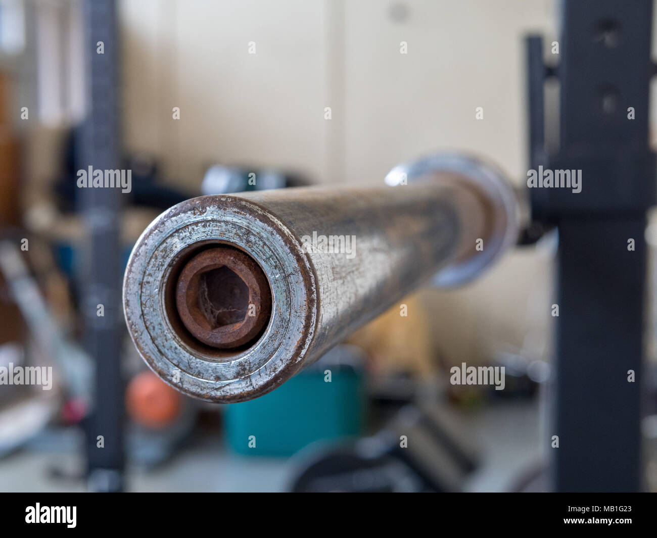 Barbell sitting on weight rack , in squat position, ready to use Stock ...