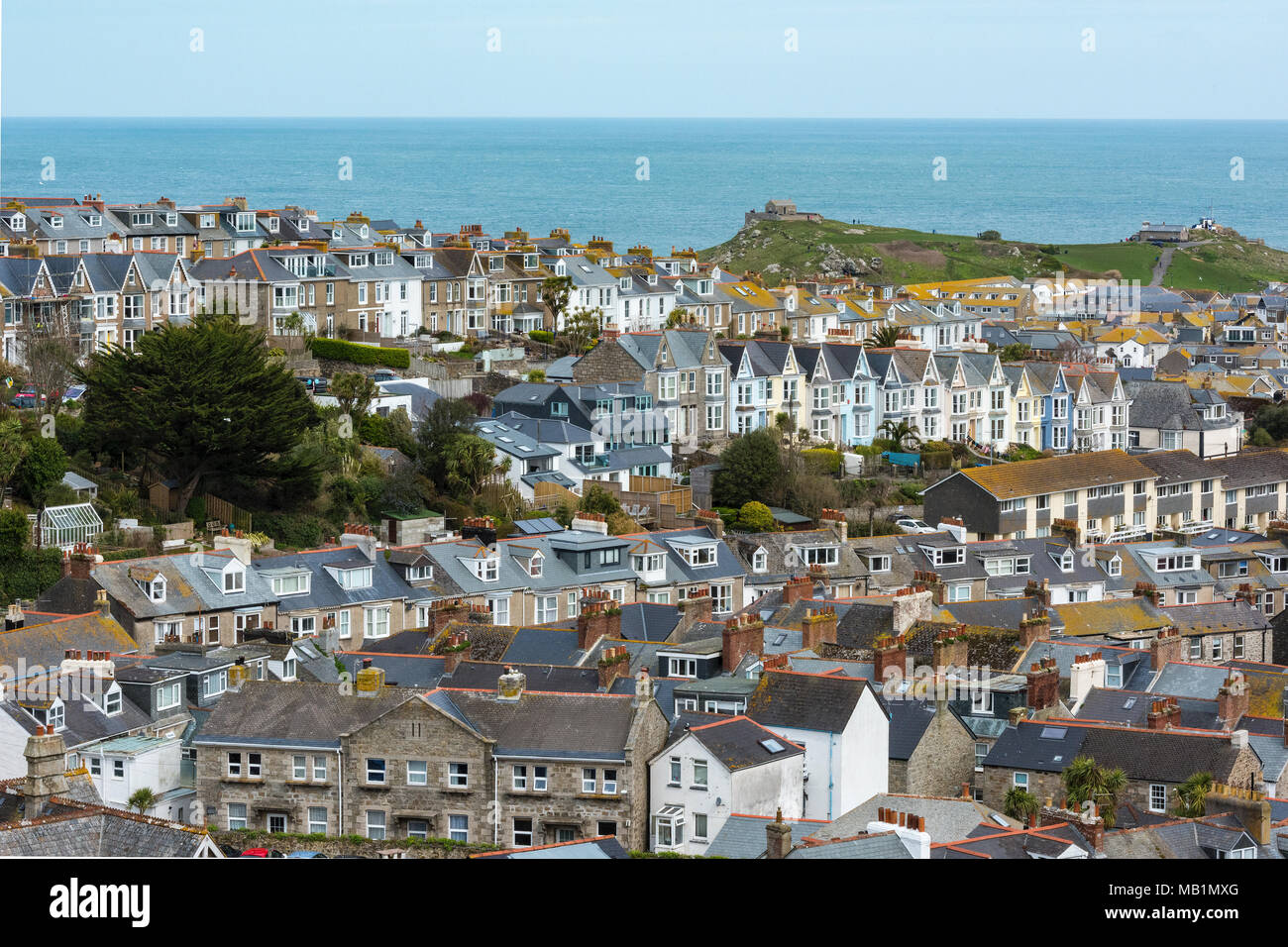 The Cornish fishing village or town of st Ives from the top of the town ...