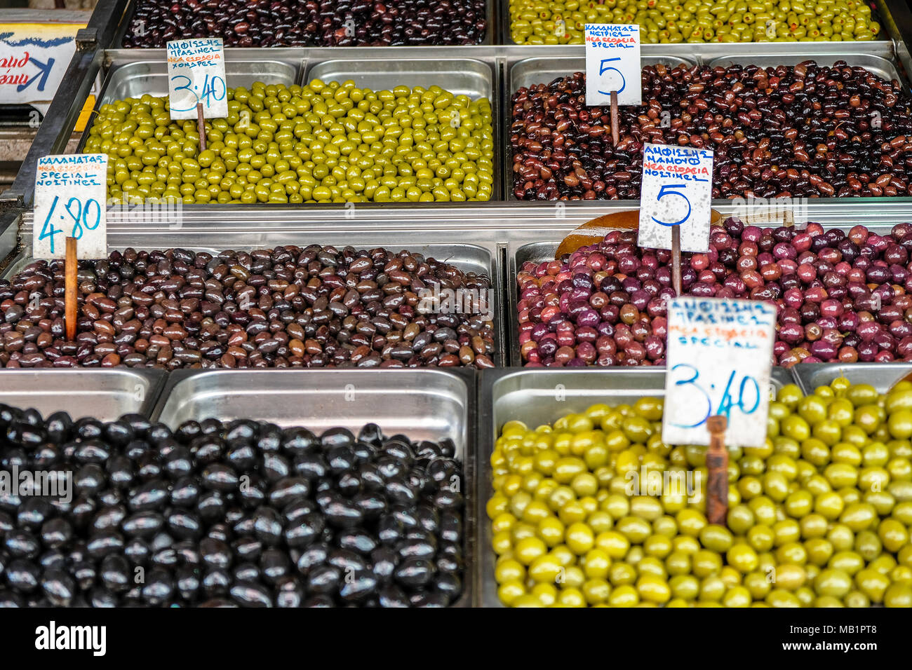 Containers with Greek green olives in the market, Athens, Greece Stock ...