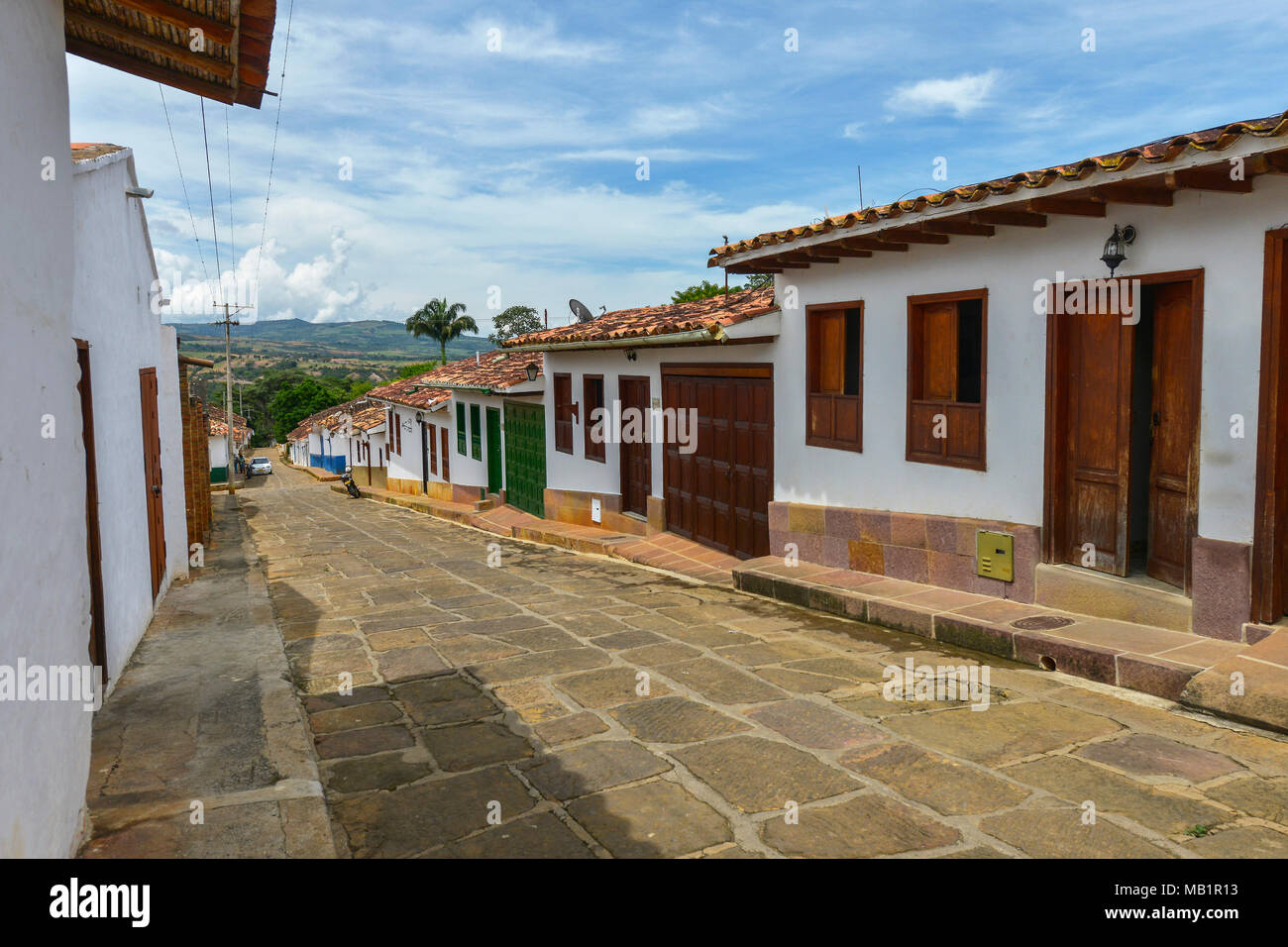 Colonial street in the village of Barichara, declared a national ...