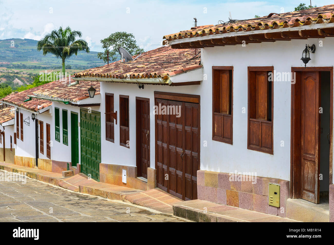 Colonial street in the village of Barichara, declared a national ...