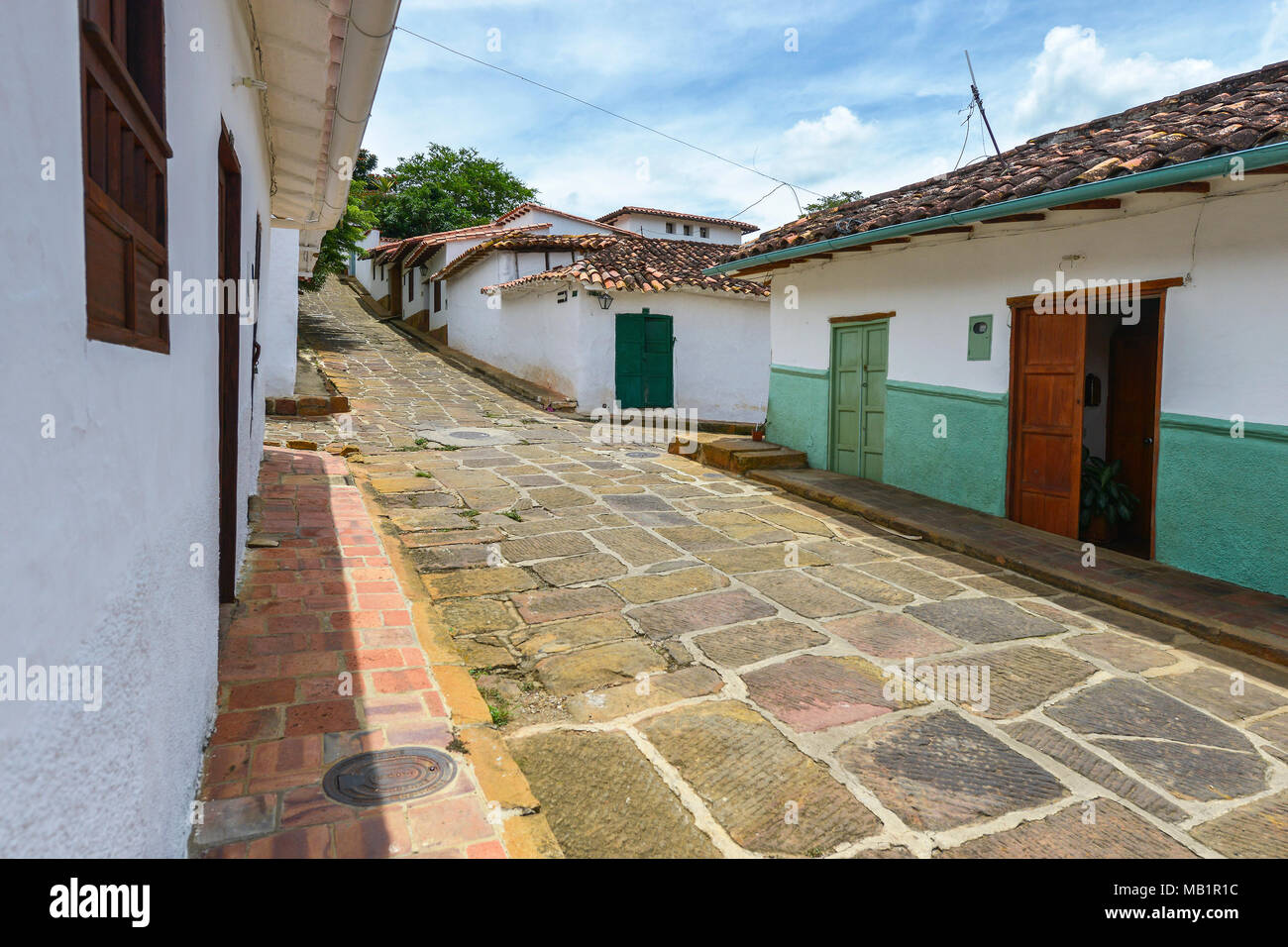 Colonial street in the village of Barichara, declared a national ...