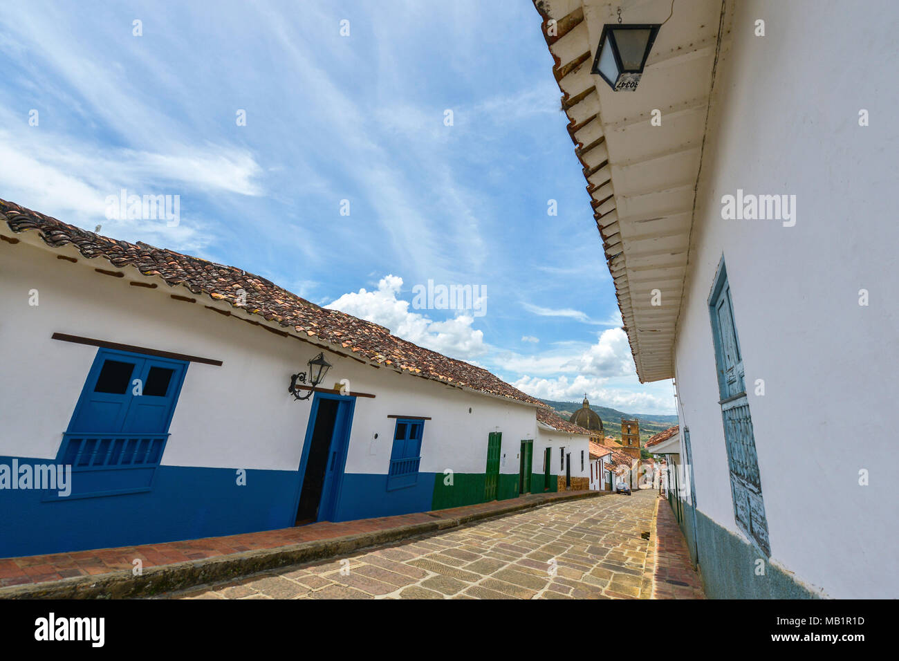 Colonial street in the village of Barichara, declared a national ...