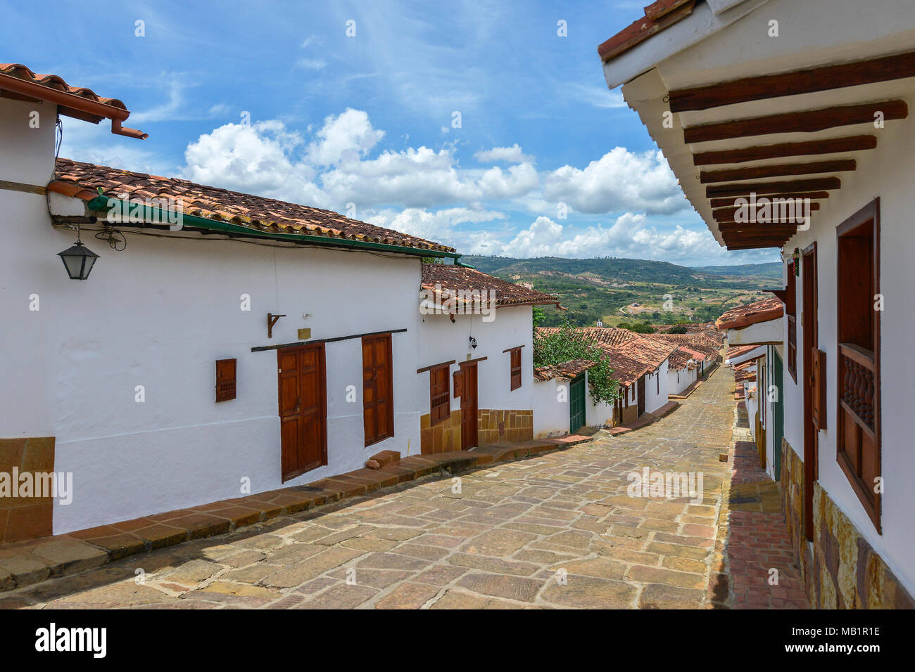 Colonial street in the village of Barichara, declared a national ...