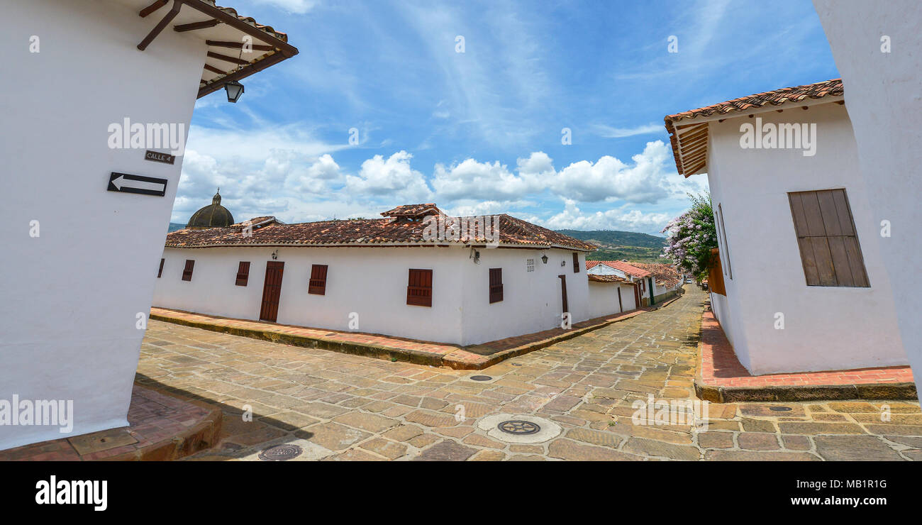 Colonial street in the village of Barichara, declared a national ...