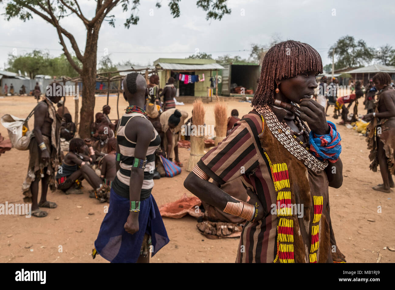 Turmi, Omo Valley, Ethiopia - January 25, 2018: Hamer people at village ...