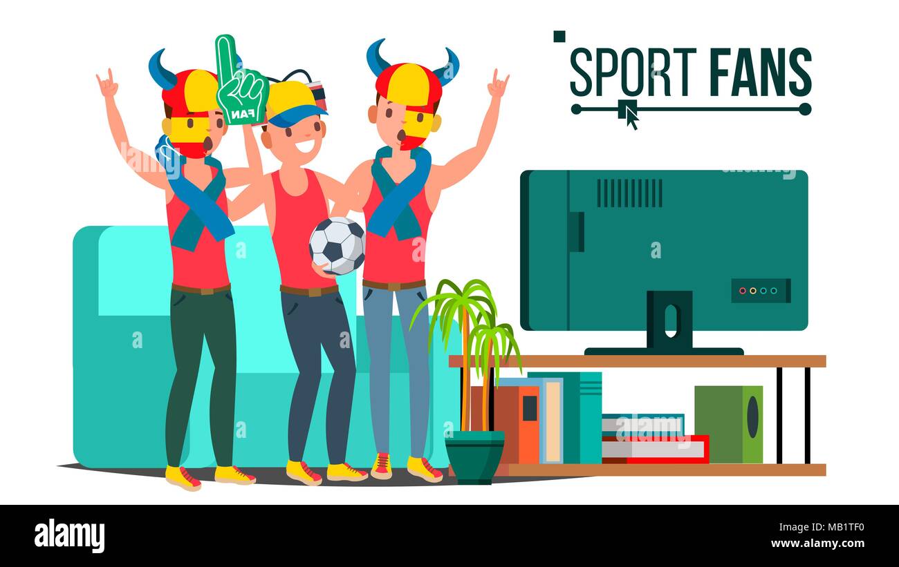 Sport Fans Group Vector. TV-set. Sport Match Supporting. Isolated Flat ...