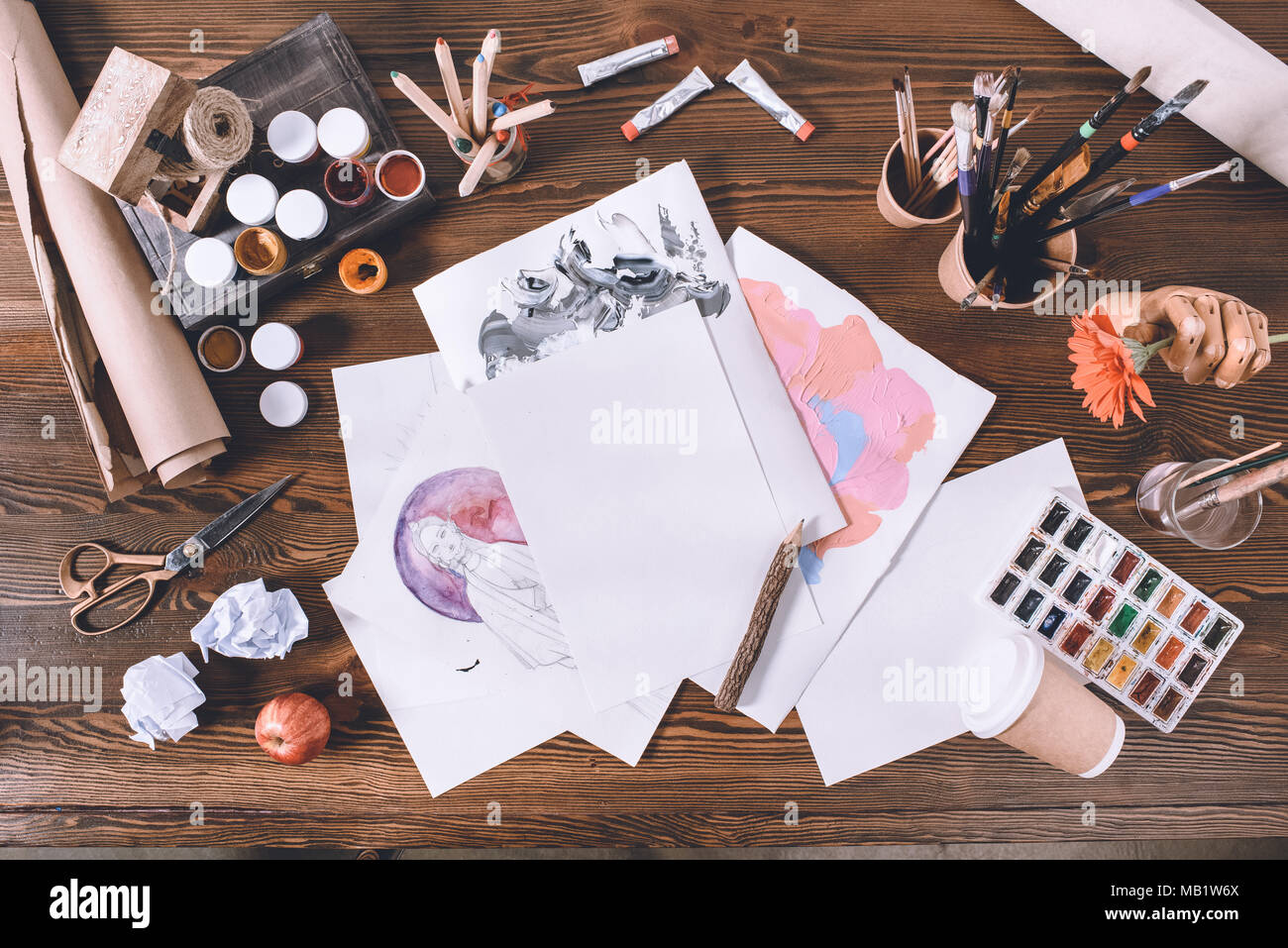 top view of designer workplace with sketches and paints Stock Photo - Alamy
