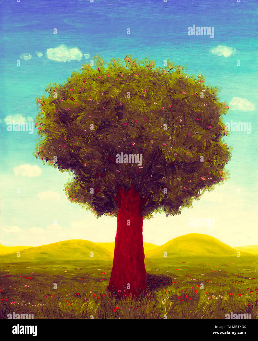 Beautiful painting of tree in blossom on meadow Stock Photo - Alamy