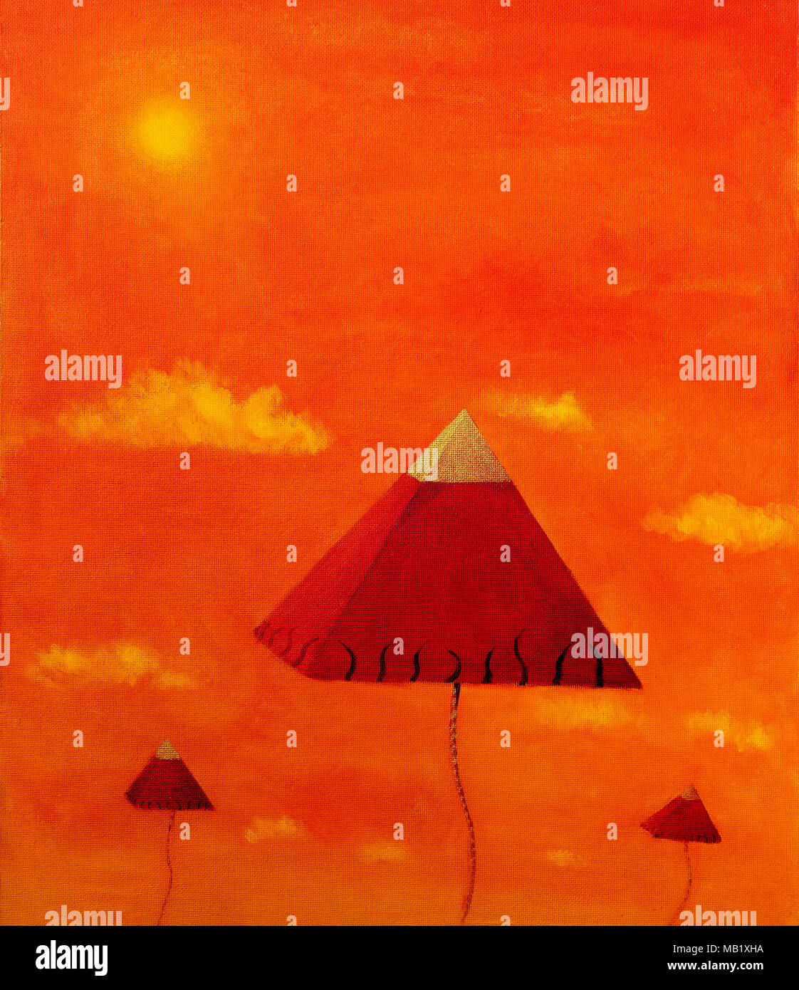 vision of three pyramids flying up to the orange sky Stock Photo - Alamy