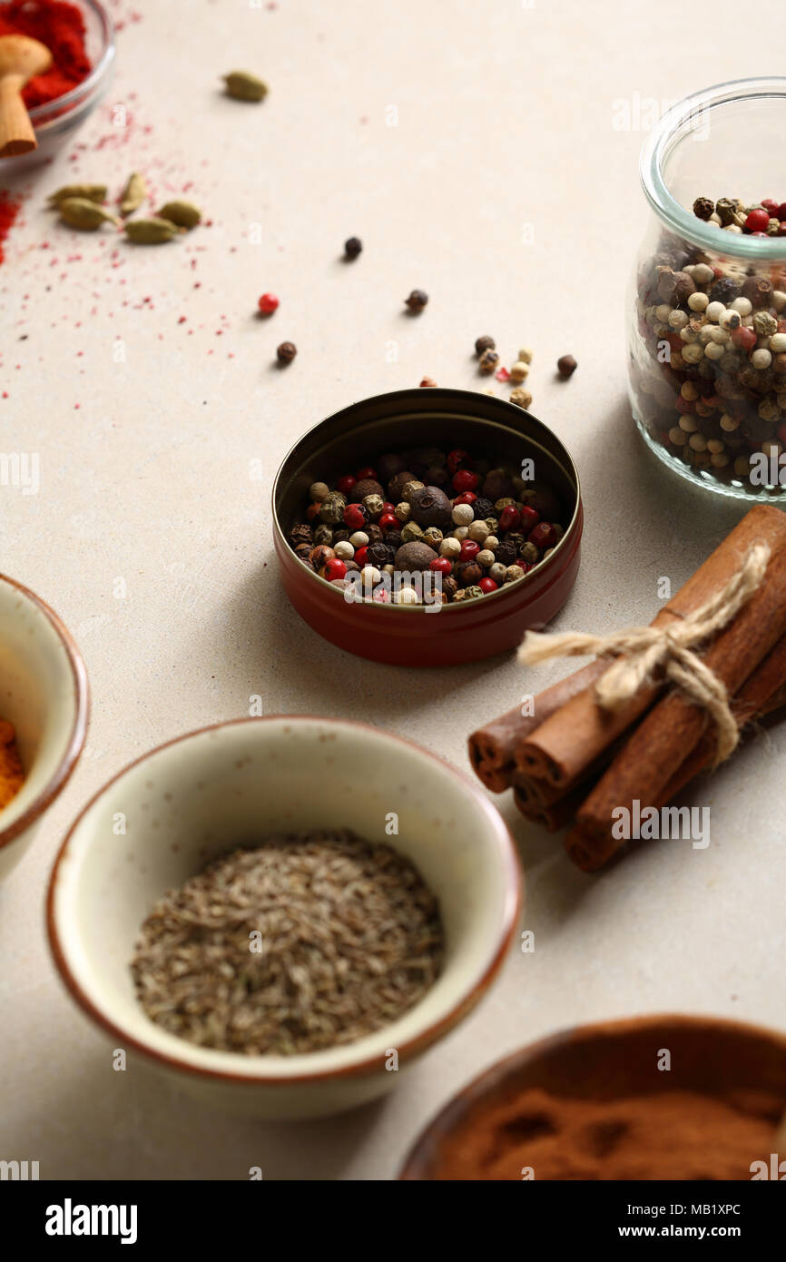 Pepper corns and other spice, food closeup Stock Photo - Alamy