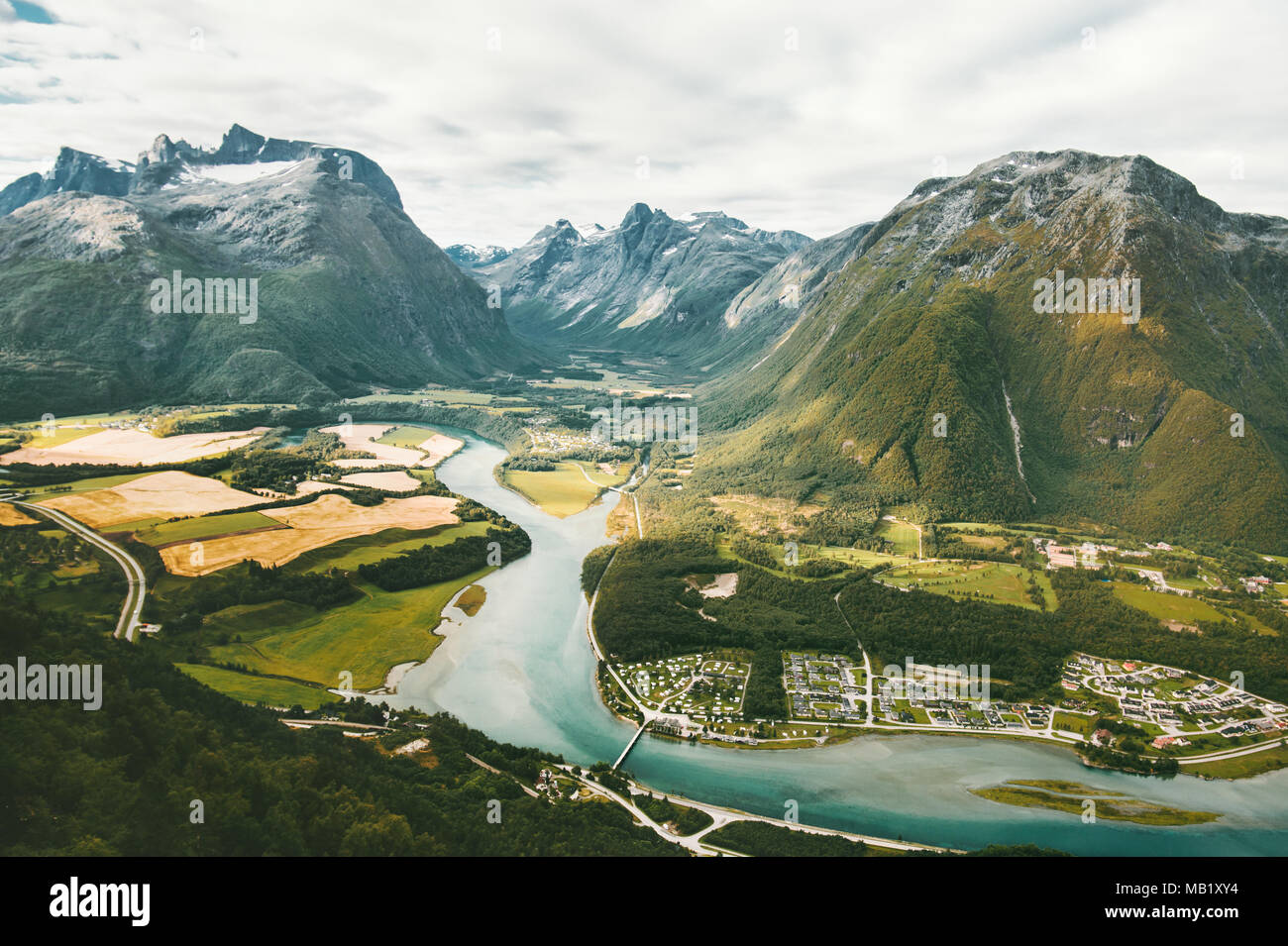 Landscape Mountains valley and river in Norway Travel scenery ...