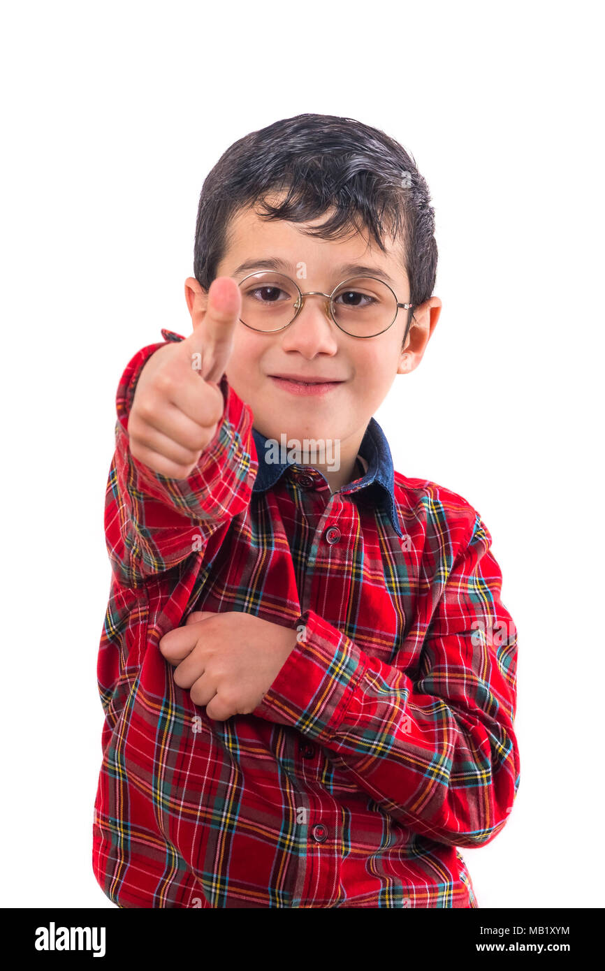 little boy with glasses shows big finger up Stock Photo - Alamy