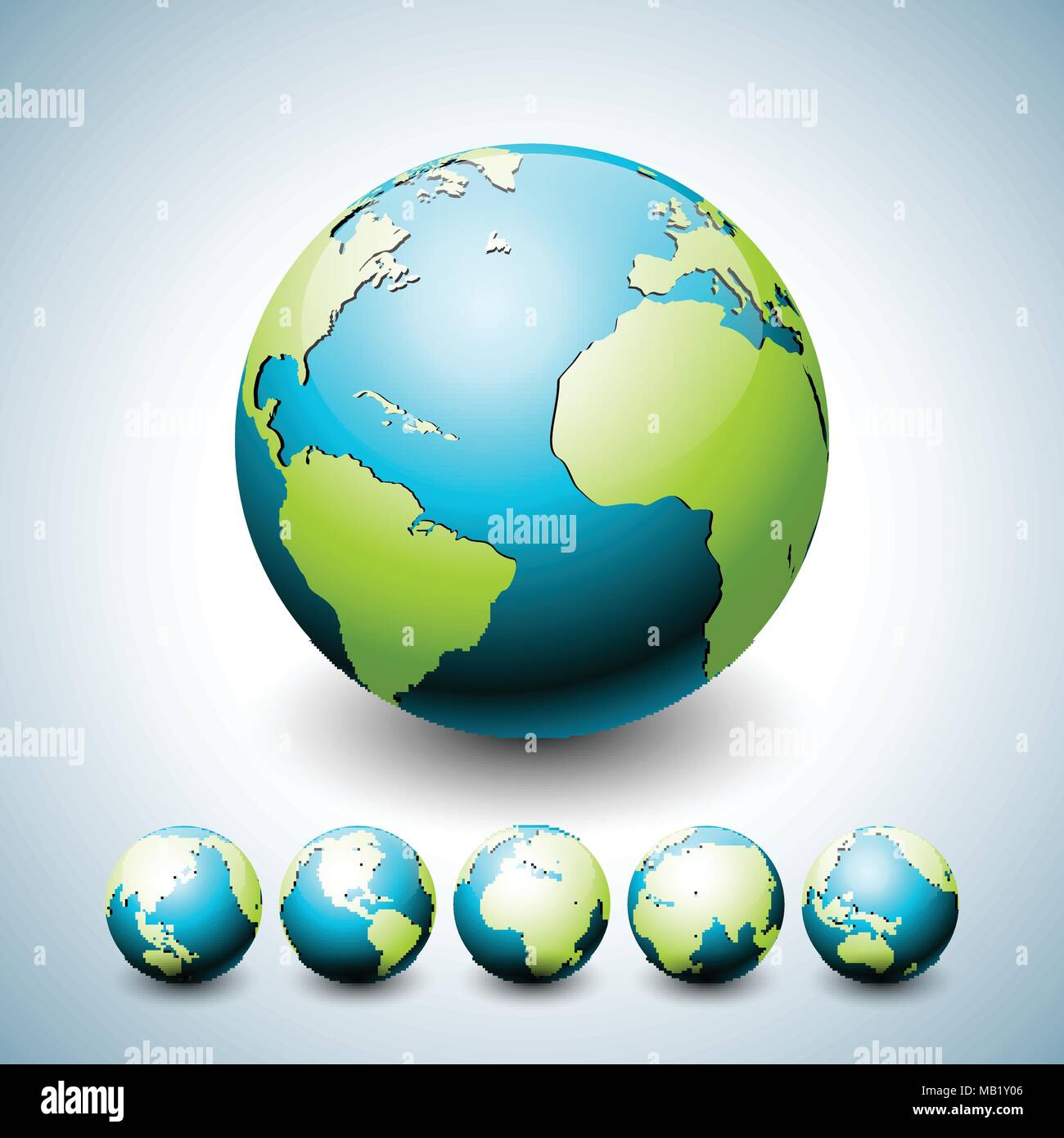 Earth Globe illustration with planet on six variations. World map icon ...