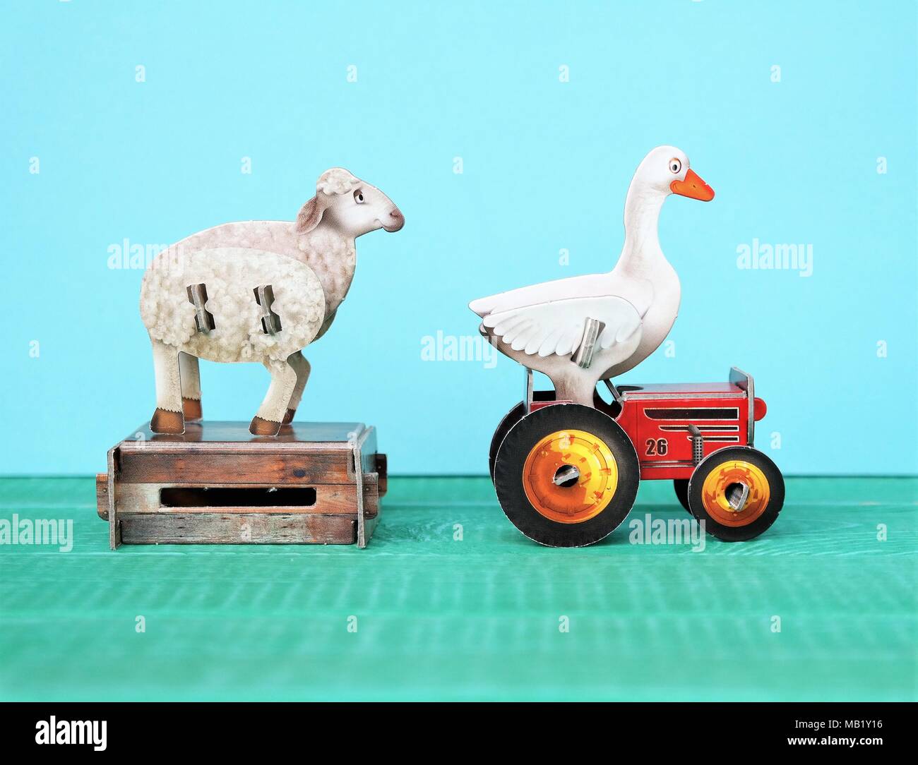 arm animals, sheep and goose. small carton toys for children. blue ...