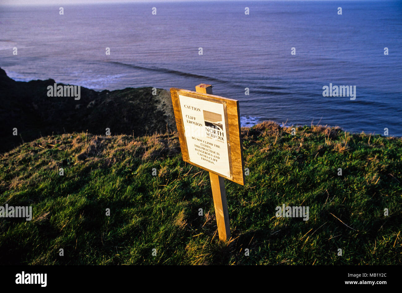 Danger Cliff Erosion Sign, Coastal Erosion, nr Sheringham, Norfolk ...