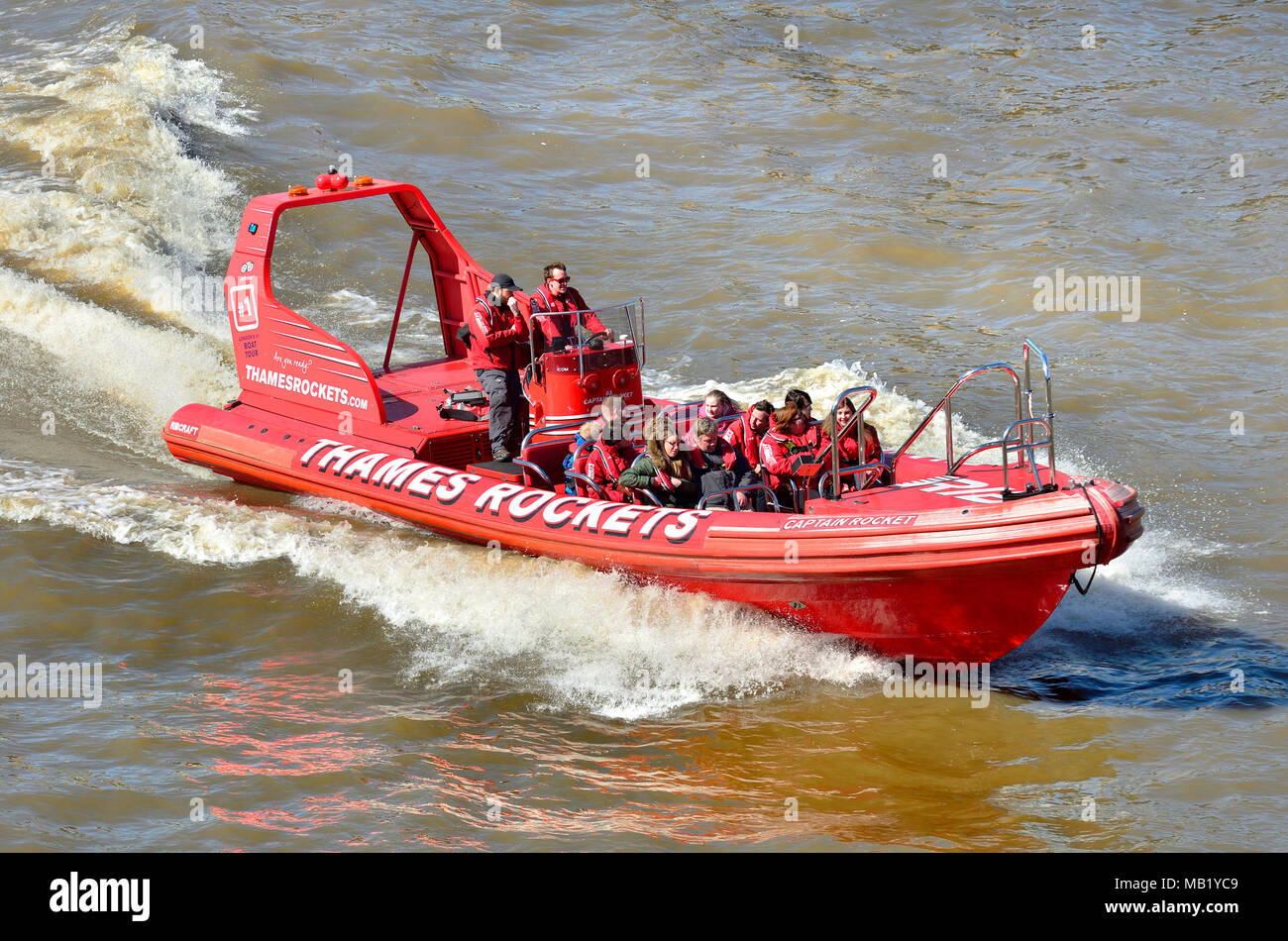 London, England, UK. 'Thames Rockets' speedboat 'Captain Rocket' high ...